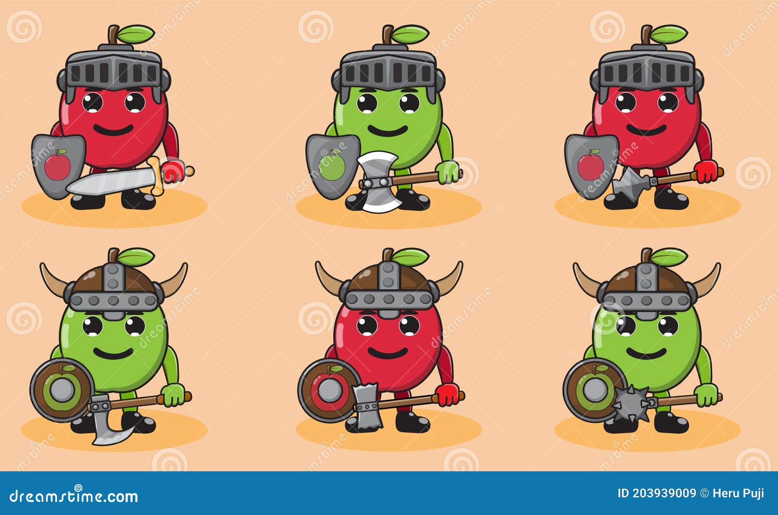 Cute Cartoon Apple Knight Set with Shield Hand Down Pose. Stock Vector ...