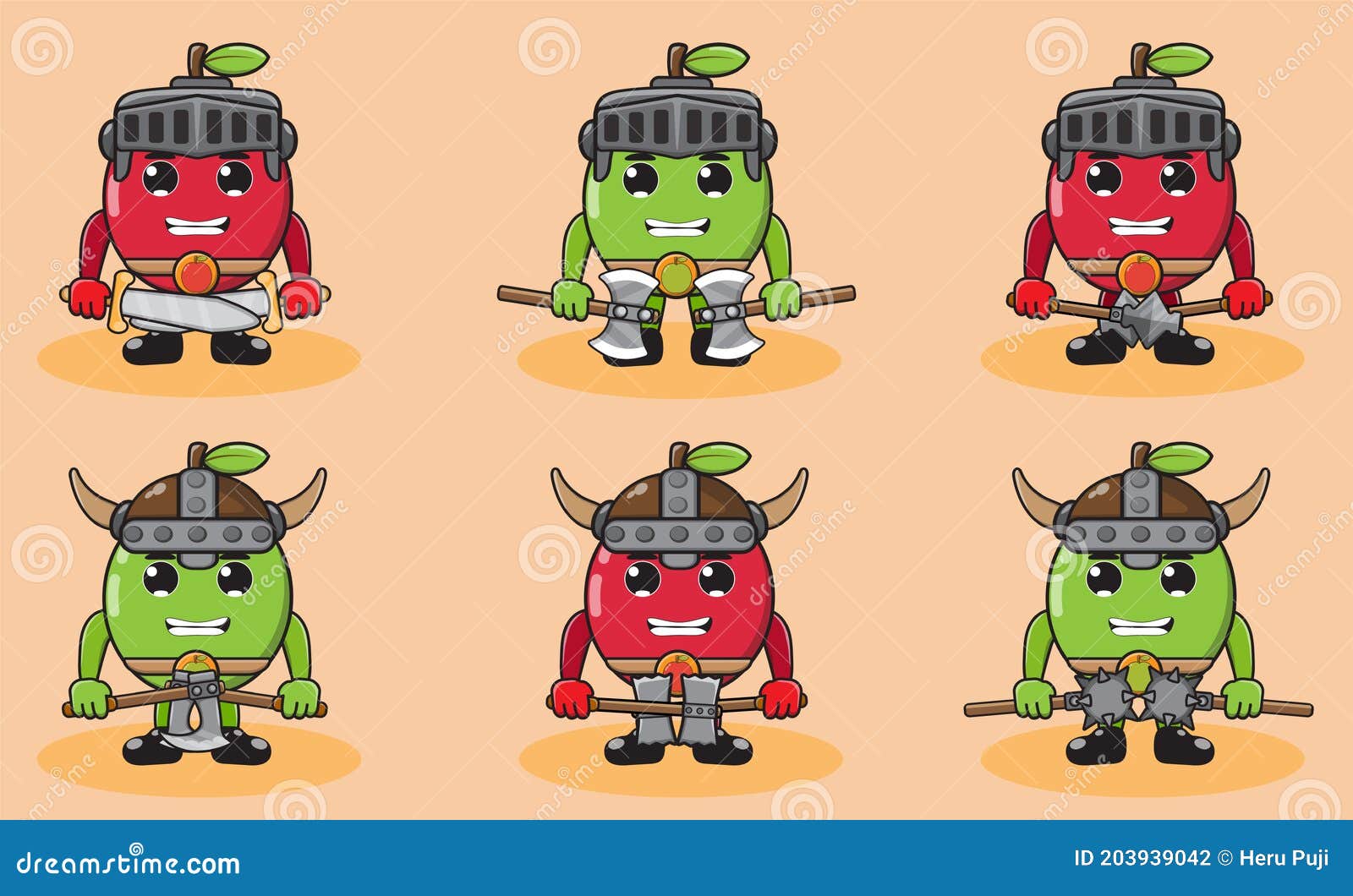 Cute Cartoon of Apple Fruit Knight with Dual Weapon Set Stock Vector ...