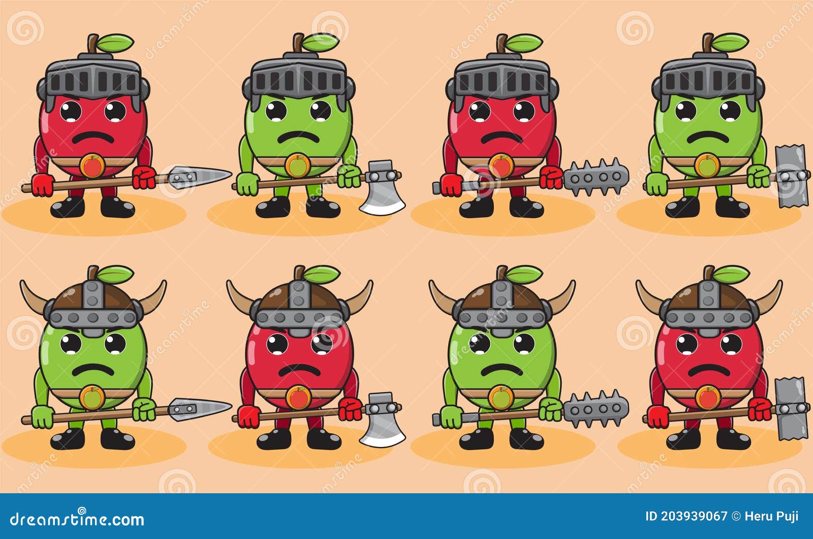 Cartoon Character of Cute Apple Knight Set Two Handed Weapon. Stock ...