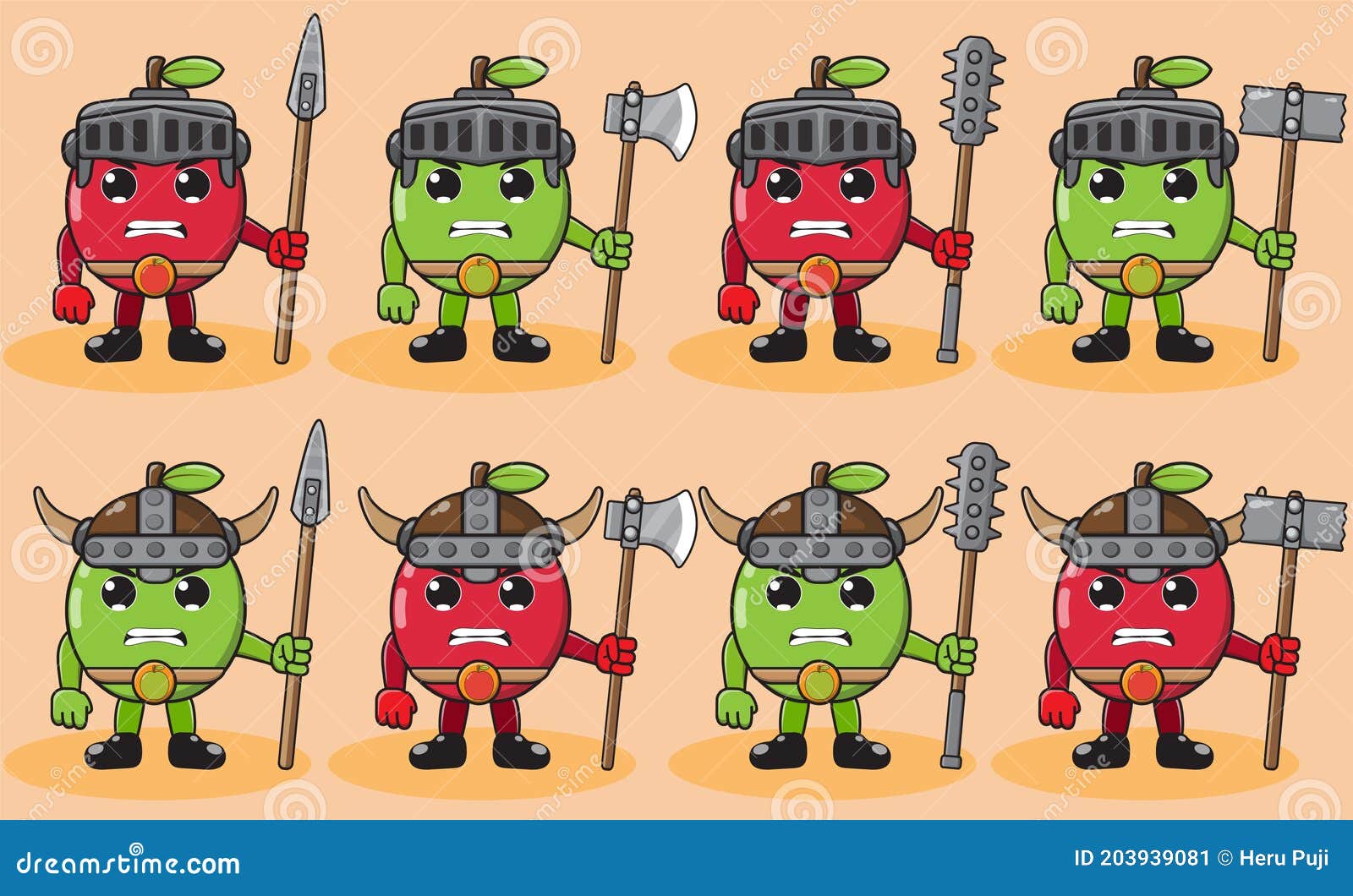 Cartoon Character of Cute Apple Knight.Two Handed Weapons and Hand Up ...