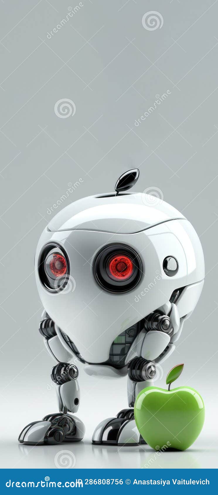 Apple Shaped Robot with Small Green Apple. Vertical Banner with Copy ...
