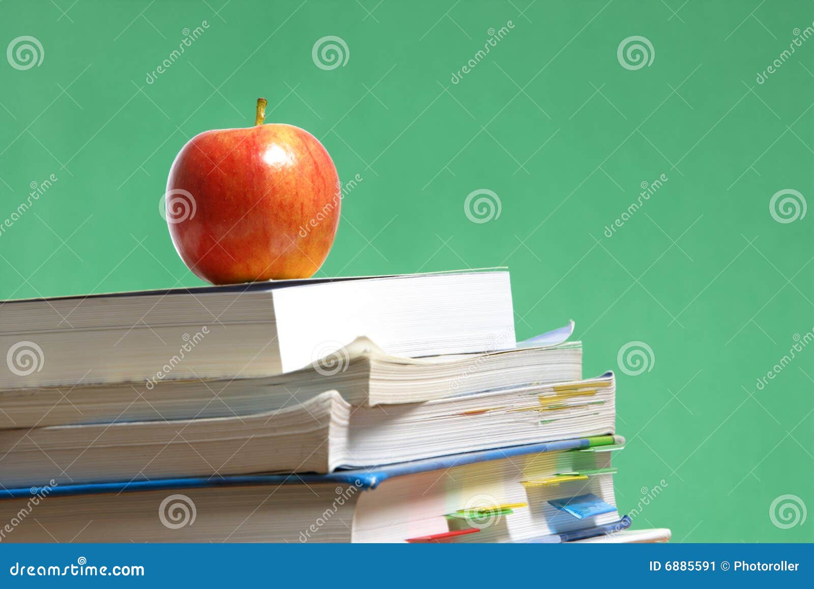 Apple on Stack of Books in Classroom Stock Image - Image of high ...