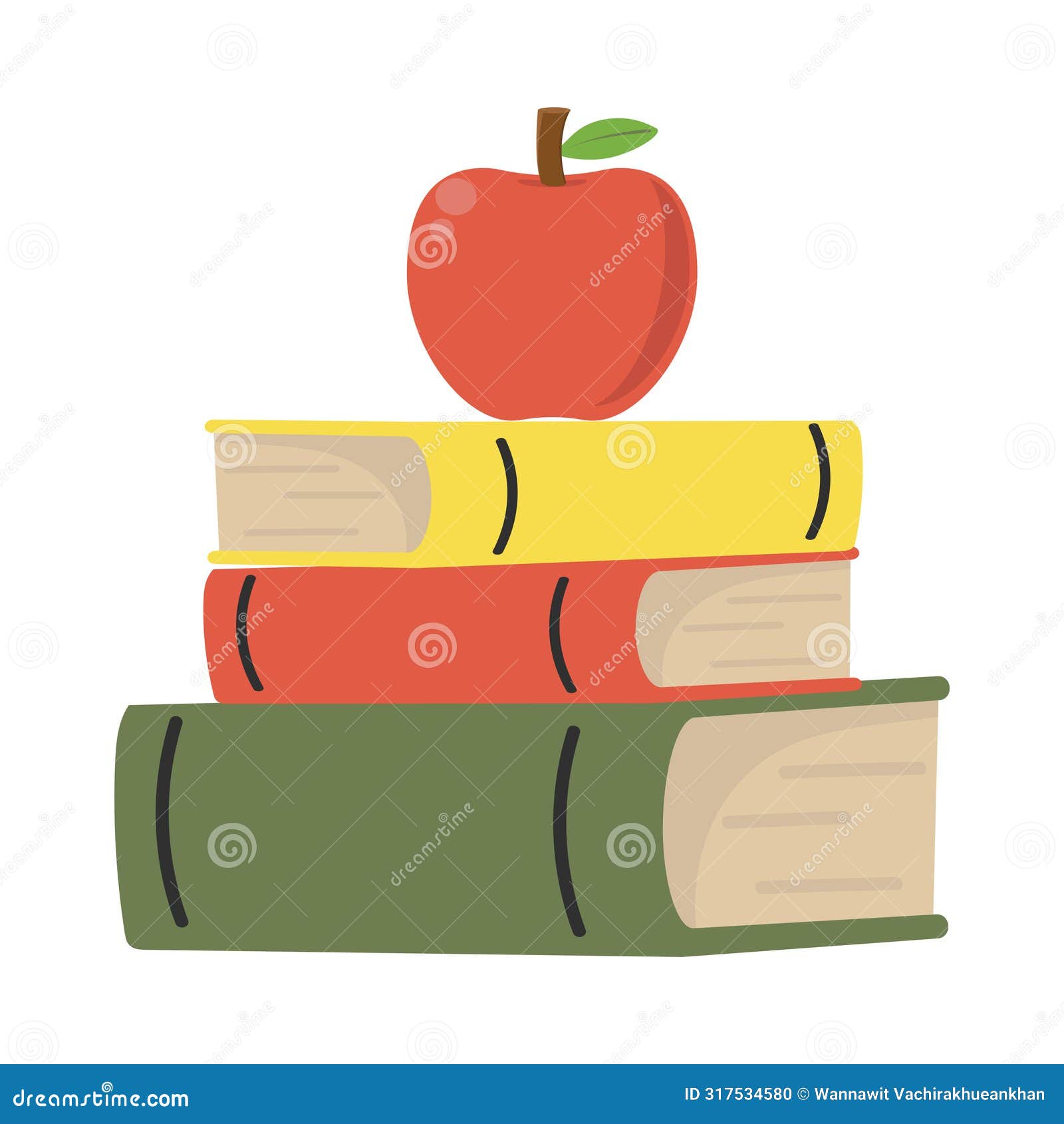 Apple with Stack of Books Flat Design Stock Vector - Illustration of ...