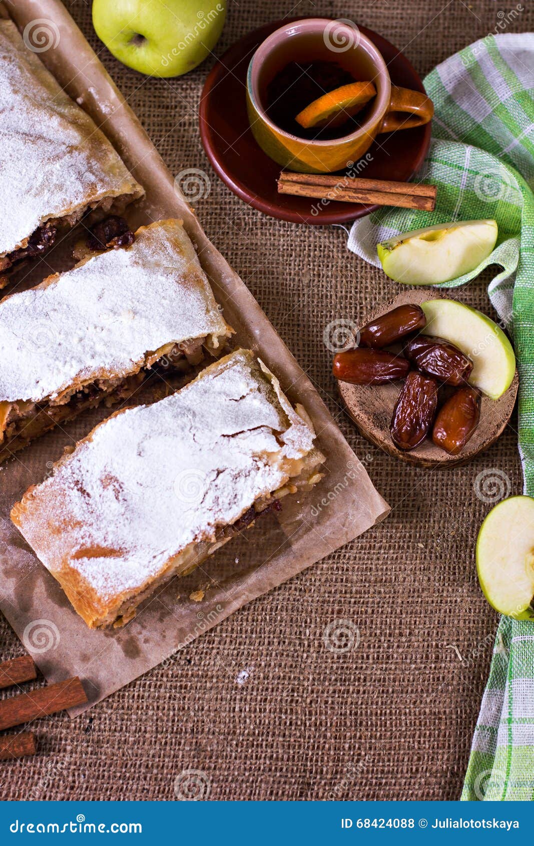 Apple strudel or apple pie stock photo. Image of dates - 68424088