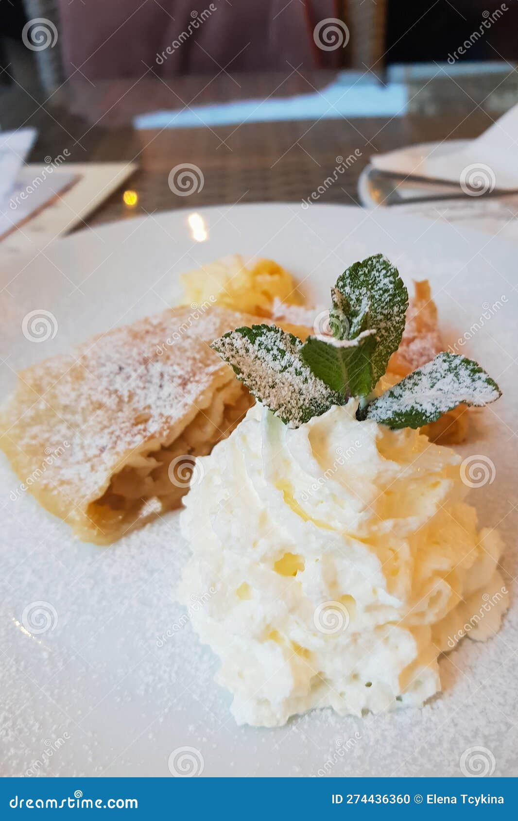 Apple Strudel with Ice Cream and Whipped Cream Stock Photo - Image of ...