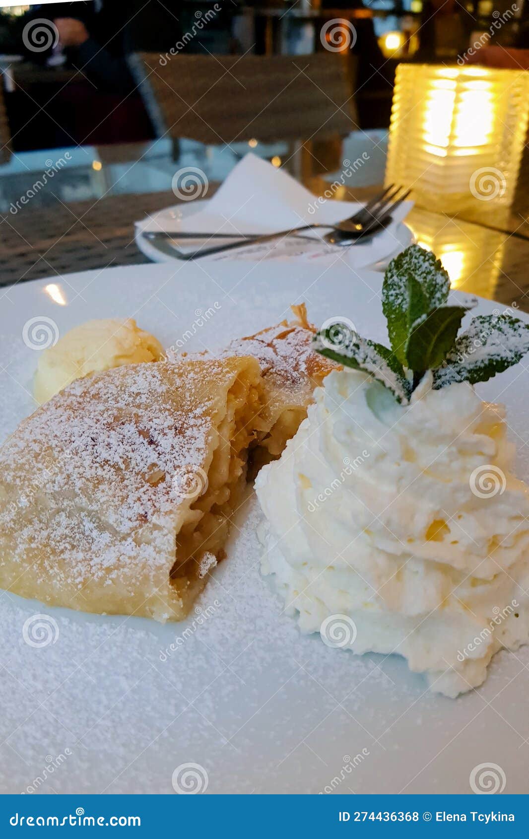 Apple Strudel with Ice Cream and Whipped Cream Stock Photo - Image of ...