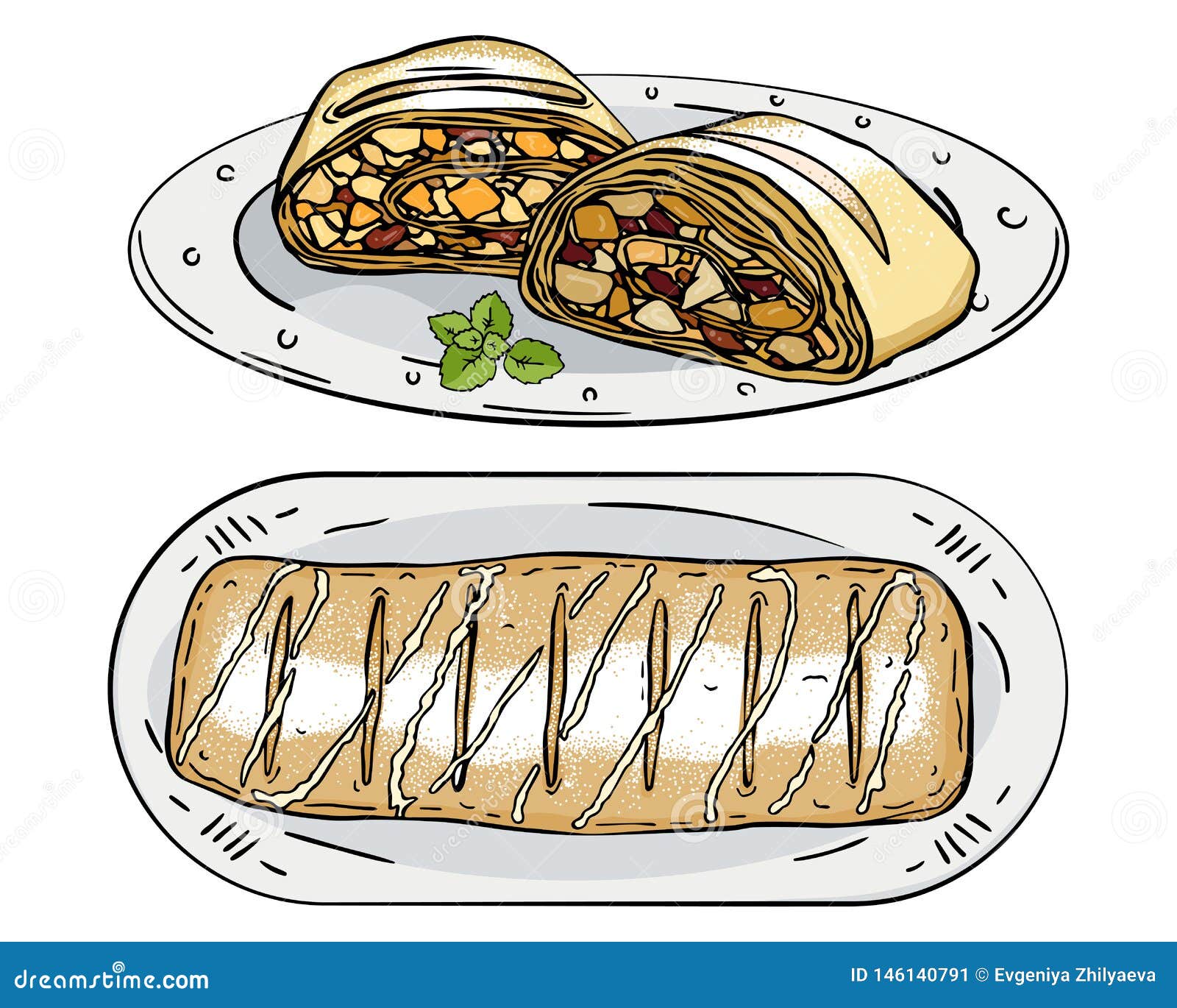Slices Viennese Apple Strudel Black Outline On White Background ...