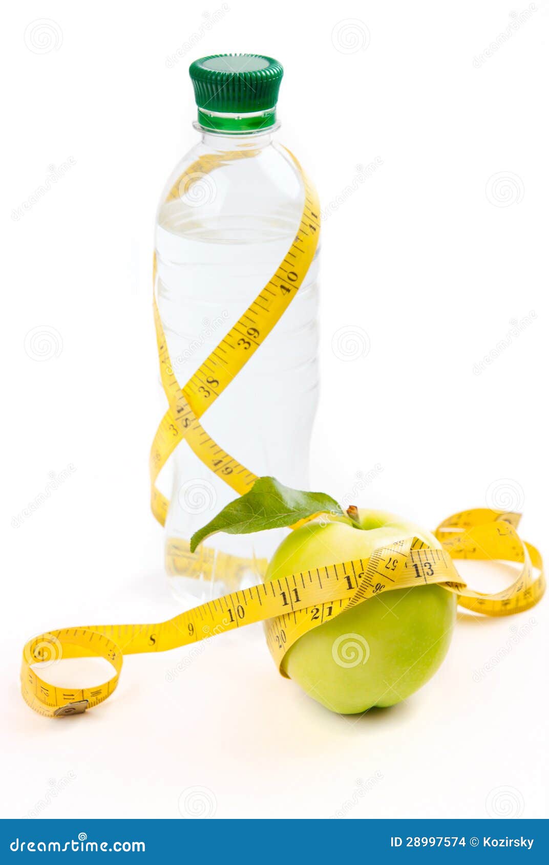 Apple, Tape and a Bottle of Water Stock Photo - Image of measure ...