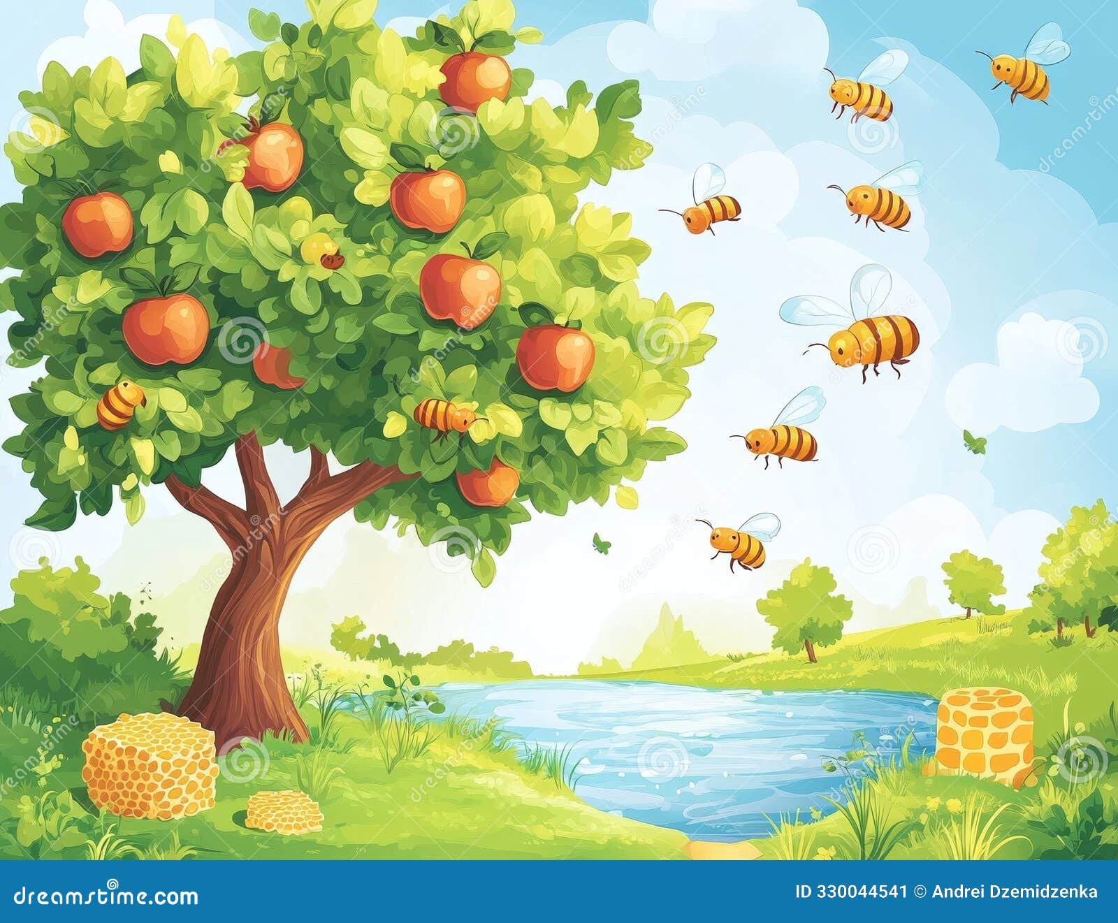 Apple Tree with a Beehive Surrounded by Bees Stock Image - Image of ...