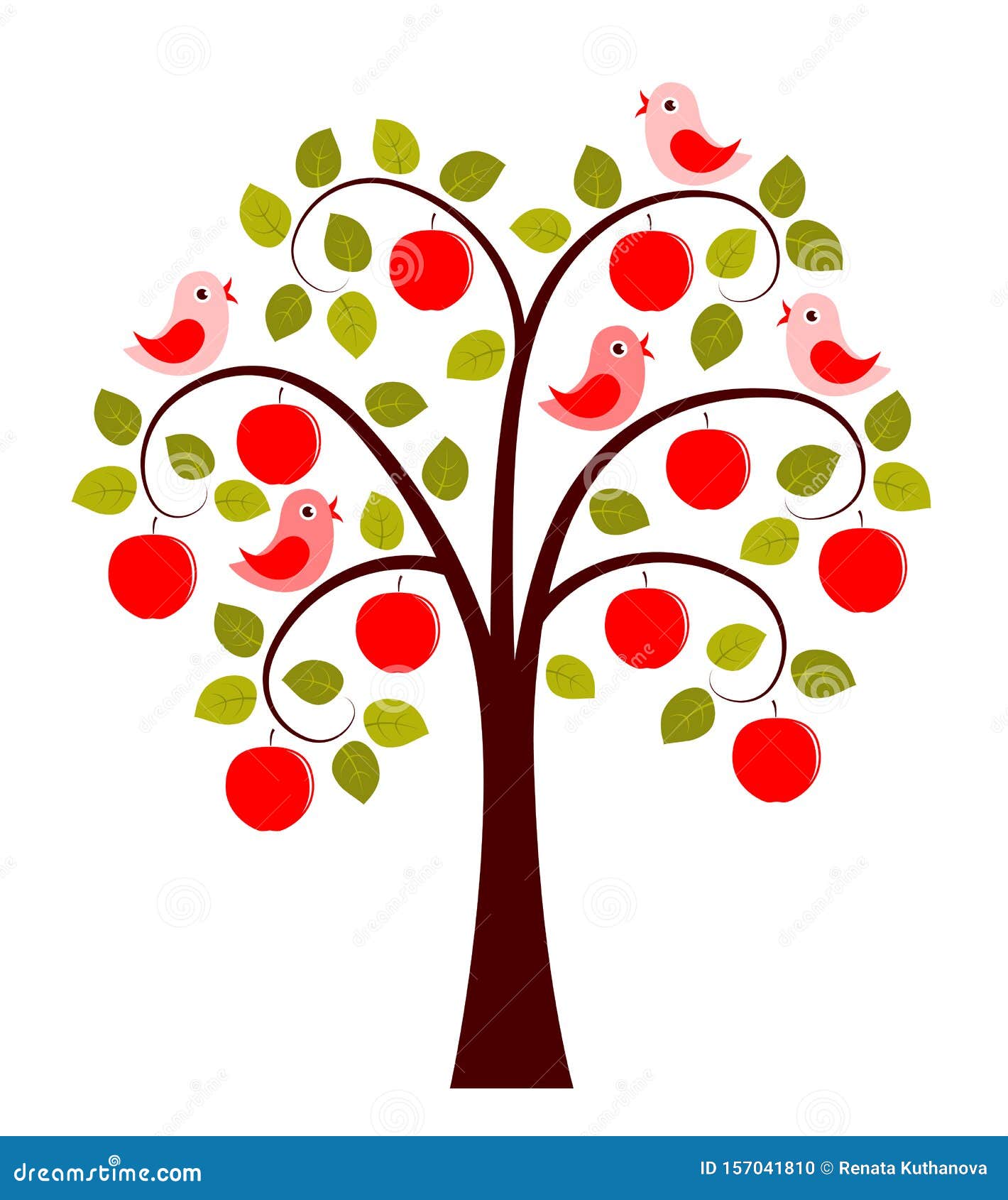 Apple tree and birds stock illustration. Illustration of birds - 157041810