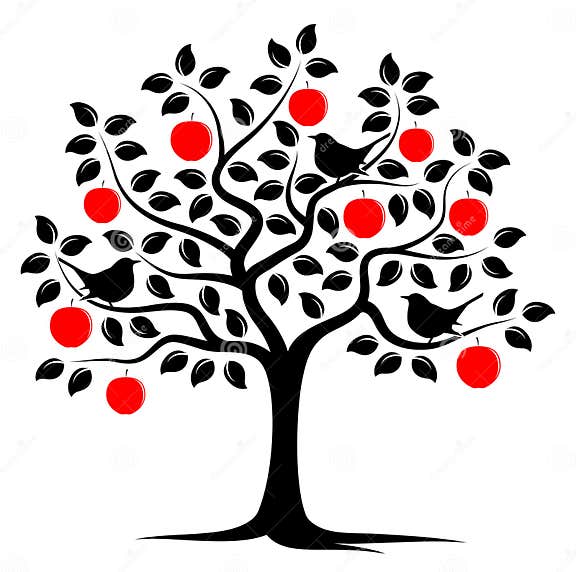Apple tree and birds stock vector. Illustration of juicy - 120673419