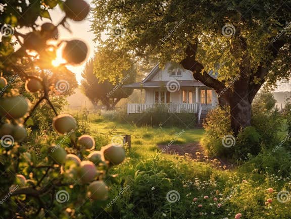 An Apple Tree in Front of a House. Generative AI Image. Stock ...