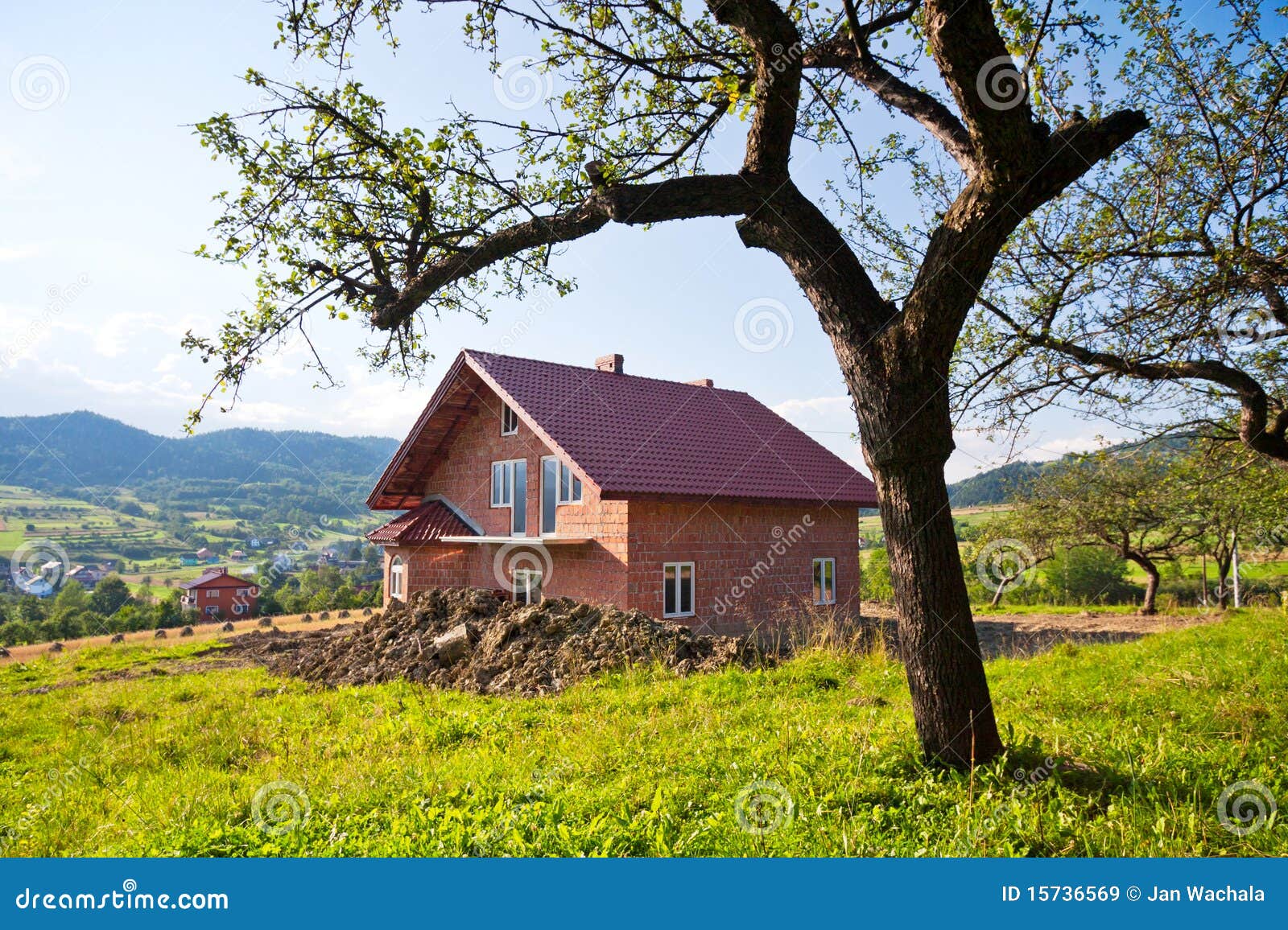 Apple tree and new house stock image. Image of background - 15736569