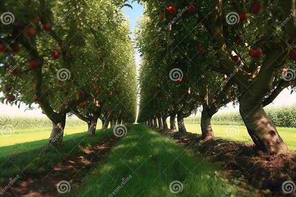 Apple Tree Rows from a Low Angle Perspective Stock Illustration ...