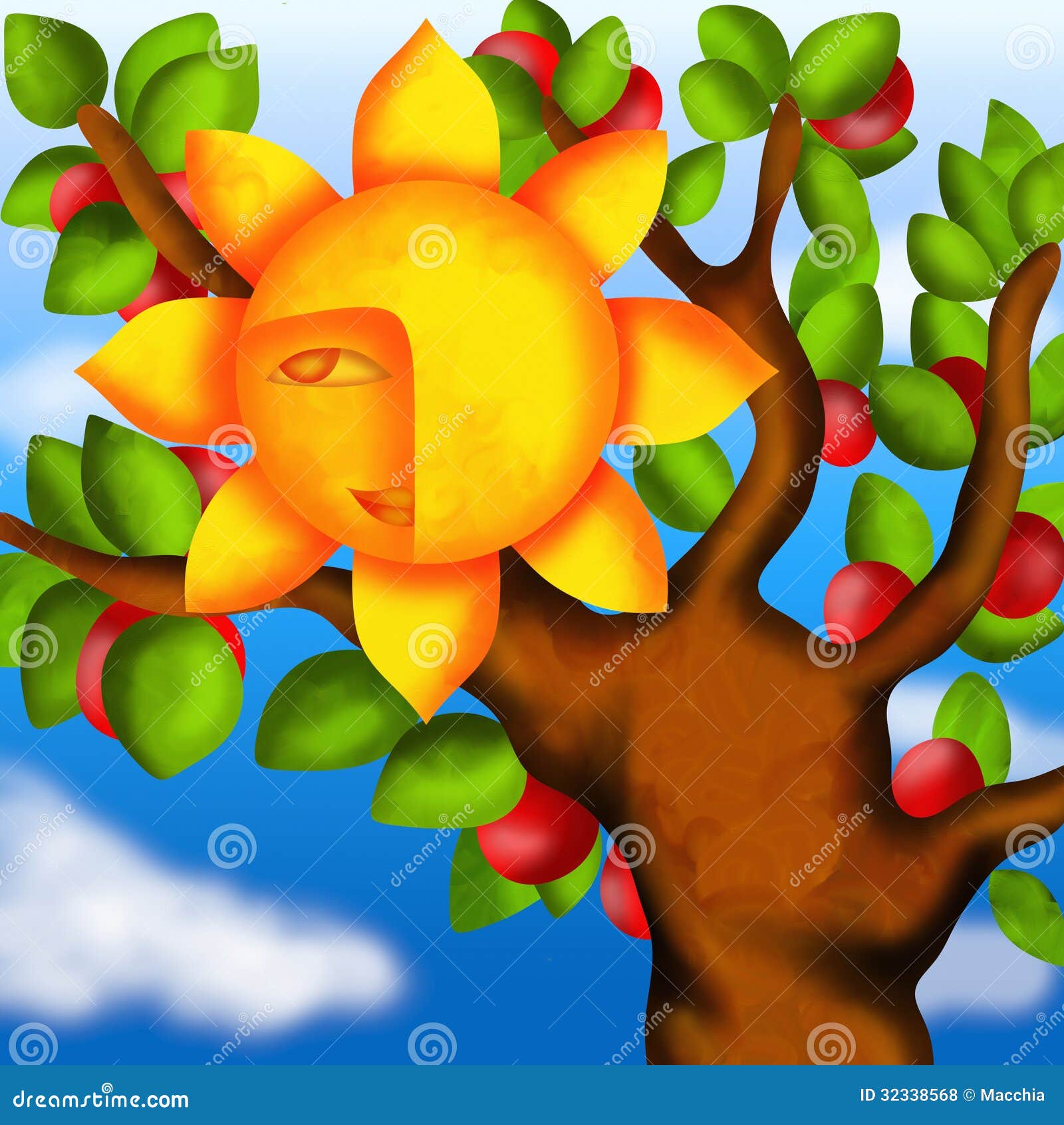 Apple tree and sun stock illustration. Illustration of blue - 32338568