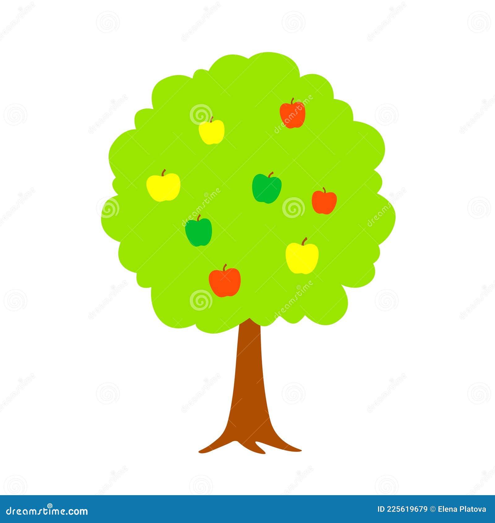 Apple Tree with Yellow, Red and Green Apples in Flat Style. Simple ...