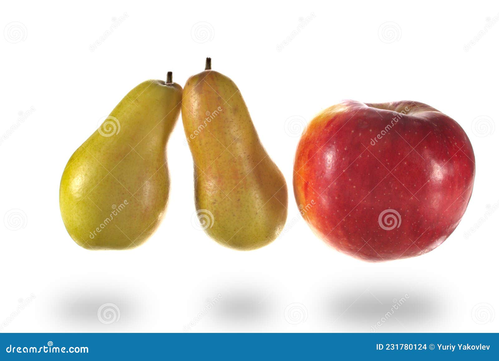 Apple and Two Pears, Arranged in a Row, Still Life on White Stock Photo ...