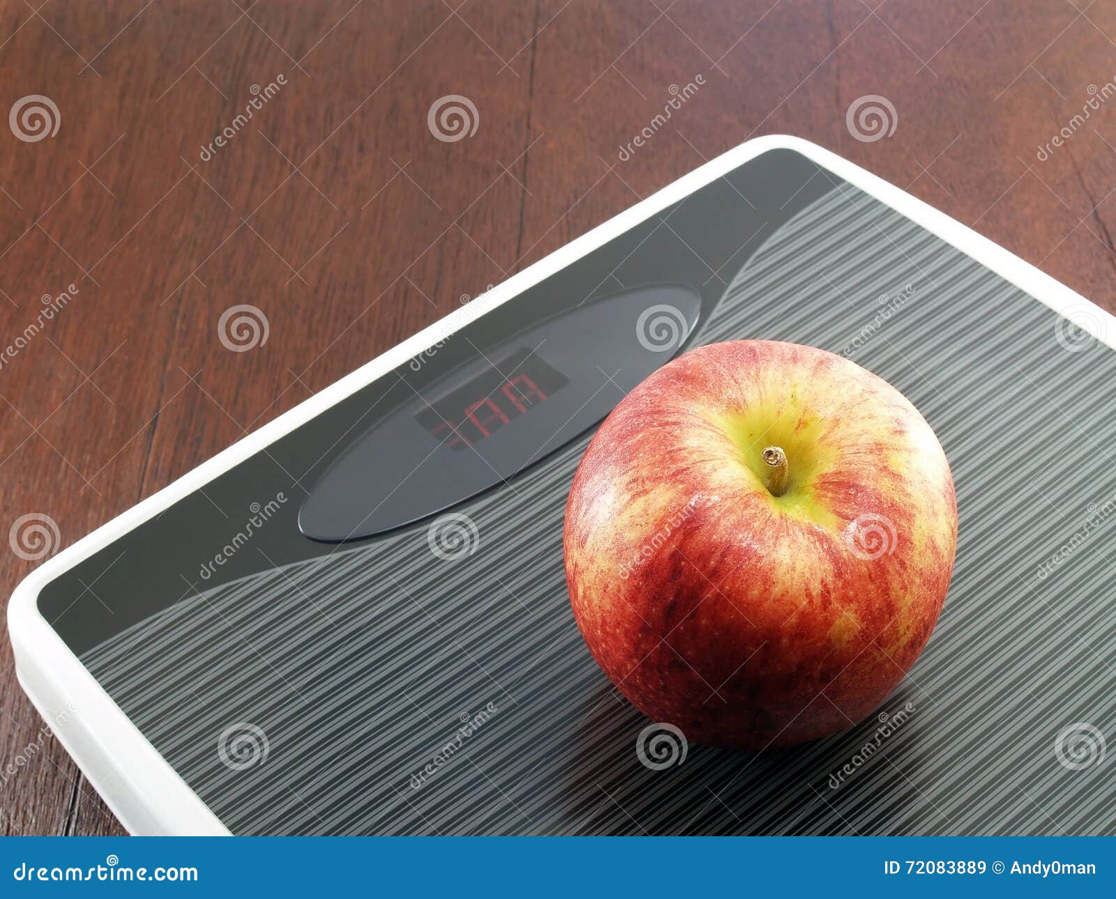 Red Apple on Grey Digital Weight Scale on Dark Brown Wooden Floor Stock ...