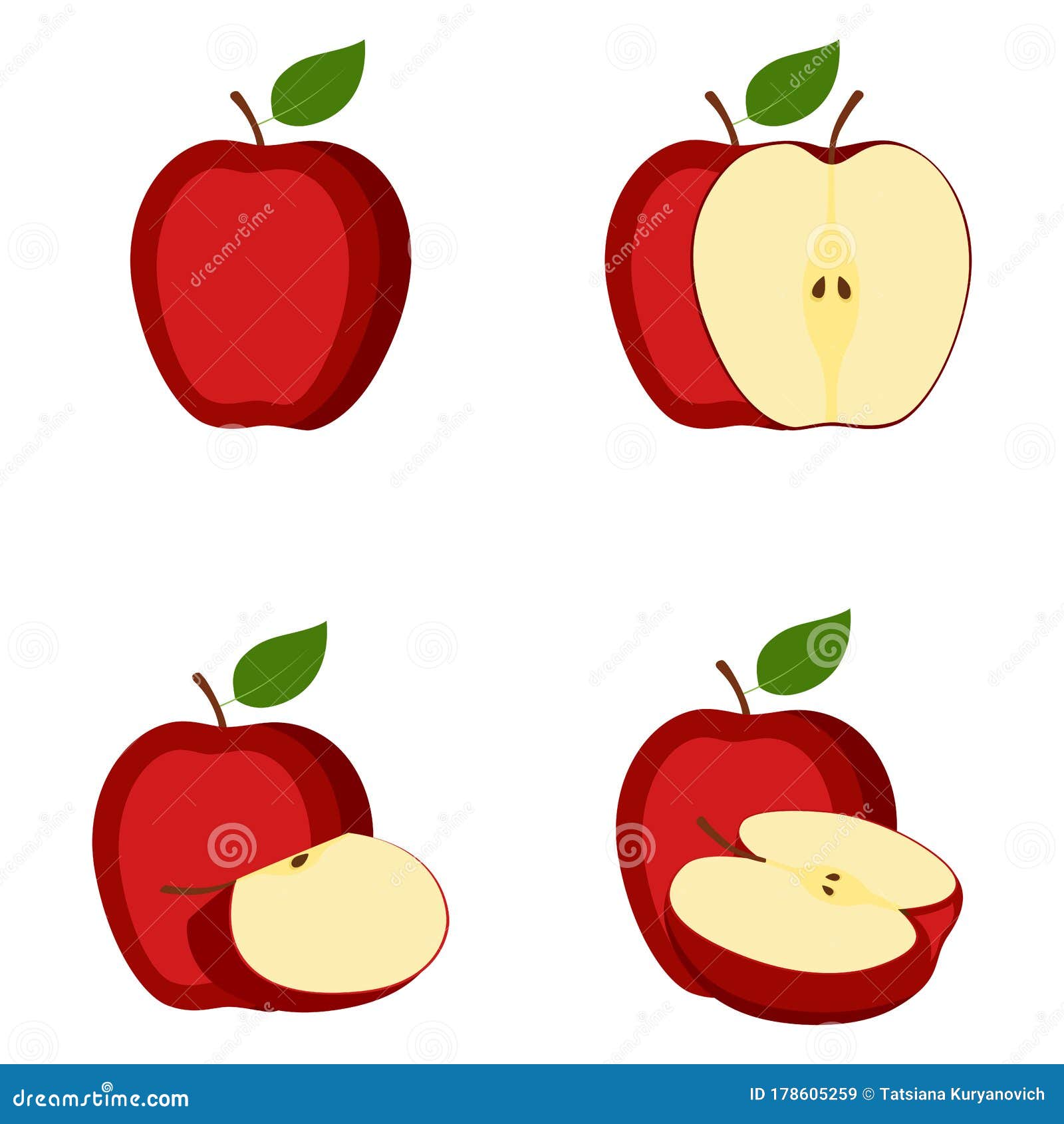 Apple. Whole Fruit With And Without Leaf, Stalk. Hand Drawn Silhouette ...