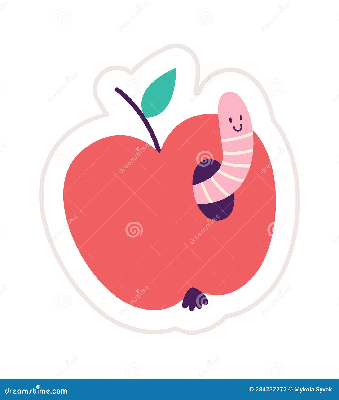 Apple with Worm Sticker stock vector. Illustration of doodle - 284232272