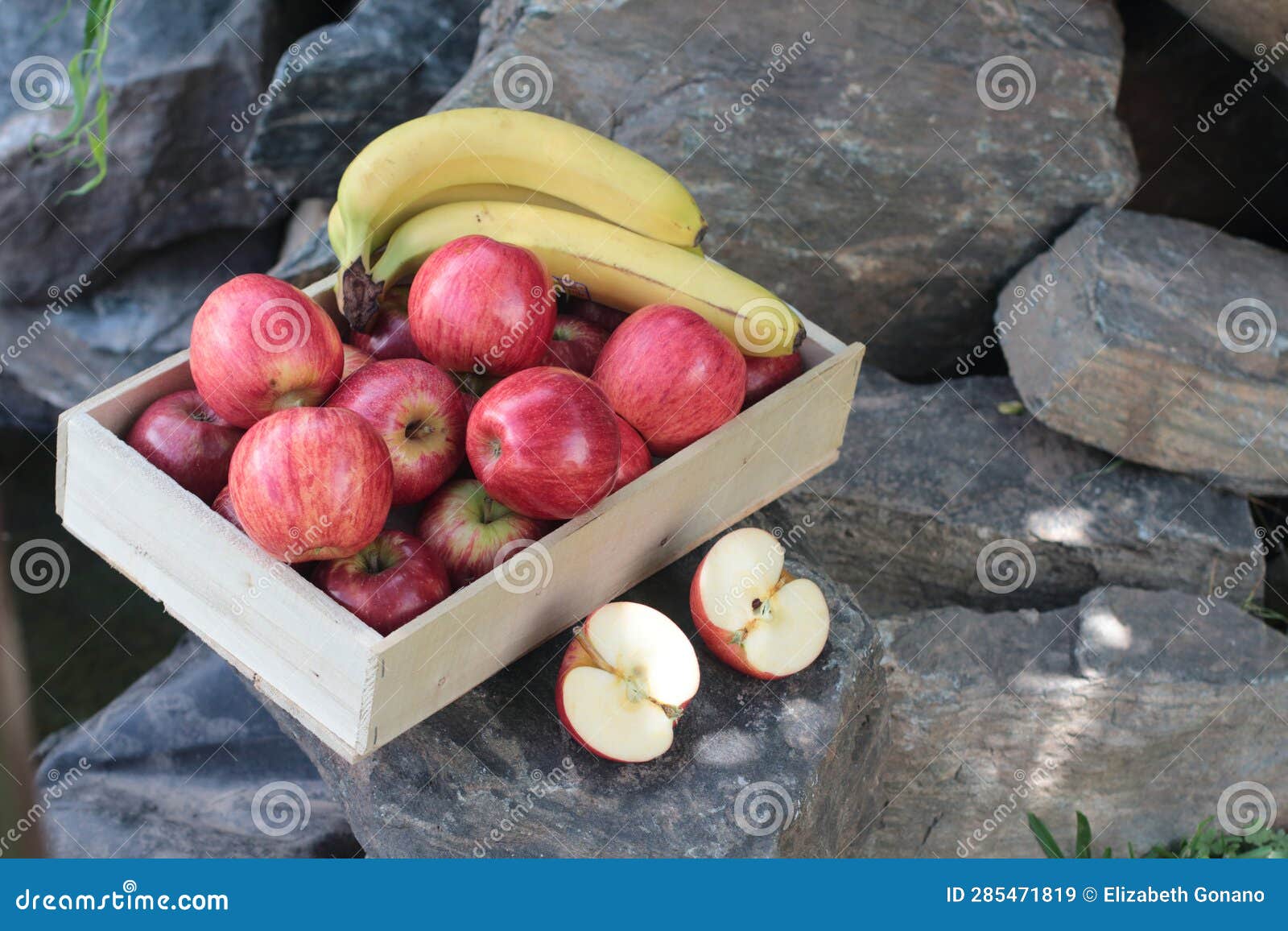 Apples and Bananas in a Box in the Garden Stock Image - Image of fruit ...