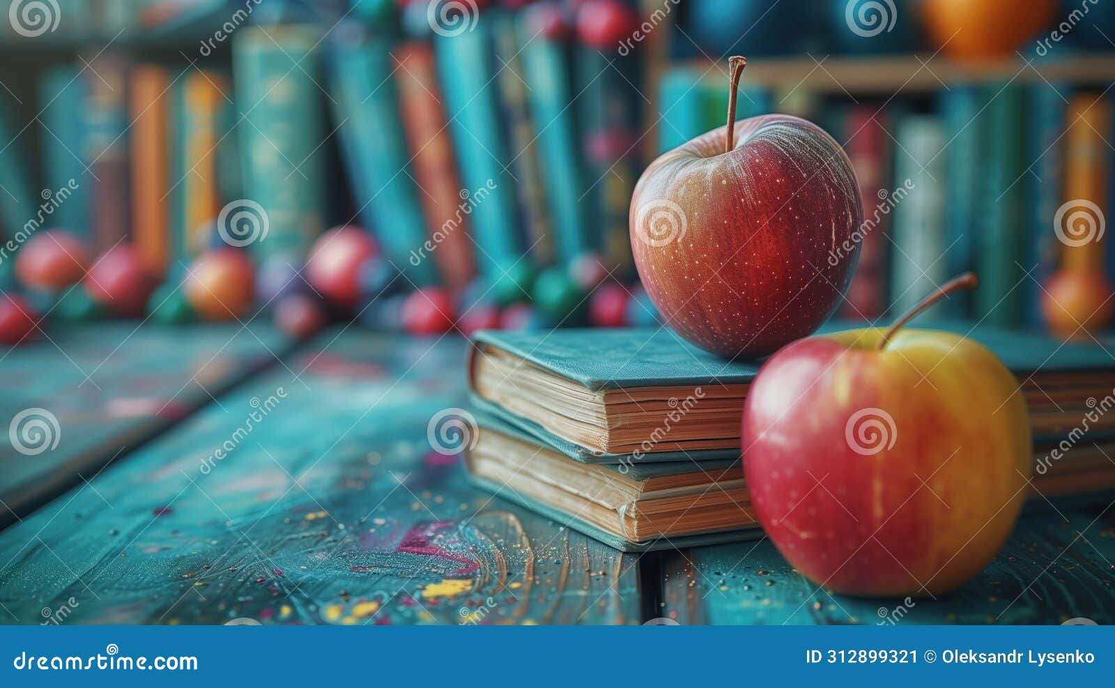 Apples and Books on a Wooden Table Stock Illustration - Illustration of ...
