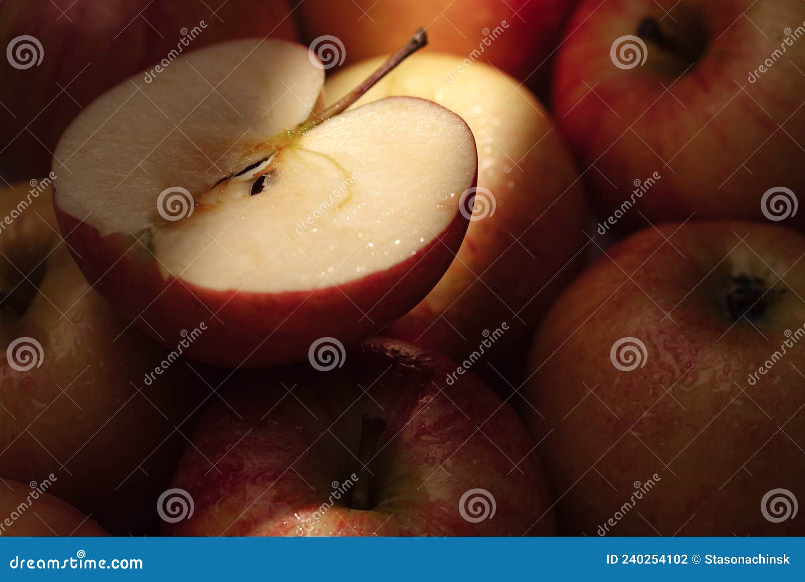Apples Fruit. Close-up of Several Fresh and One Cut Apple in Shade ...