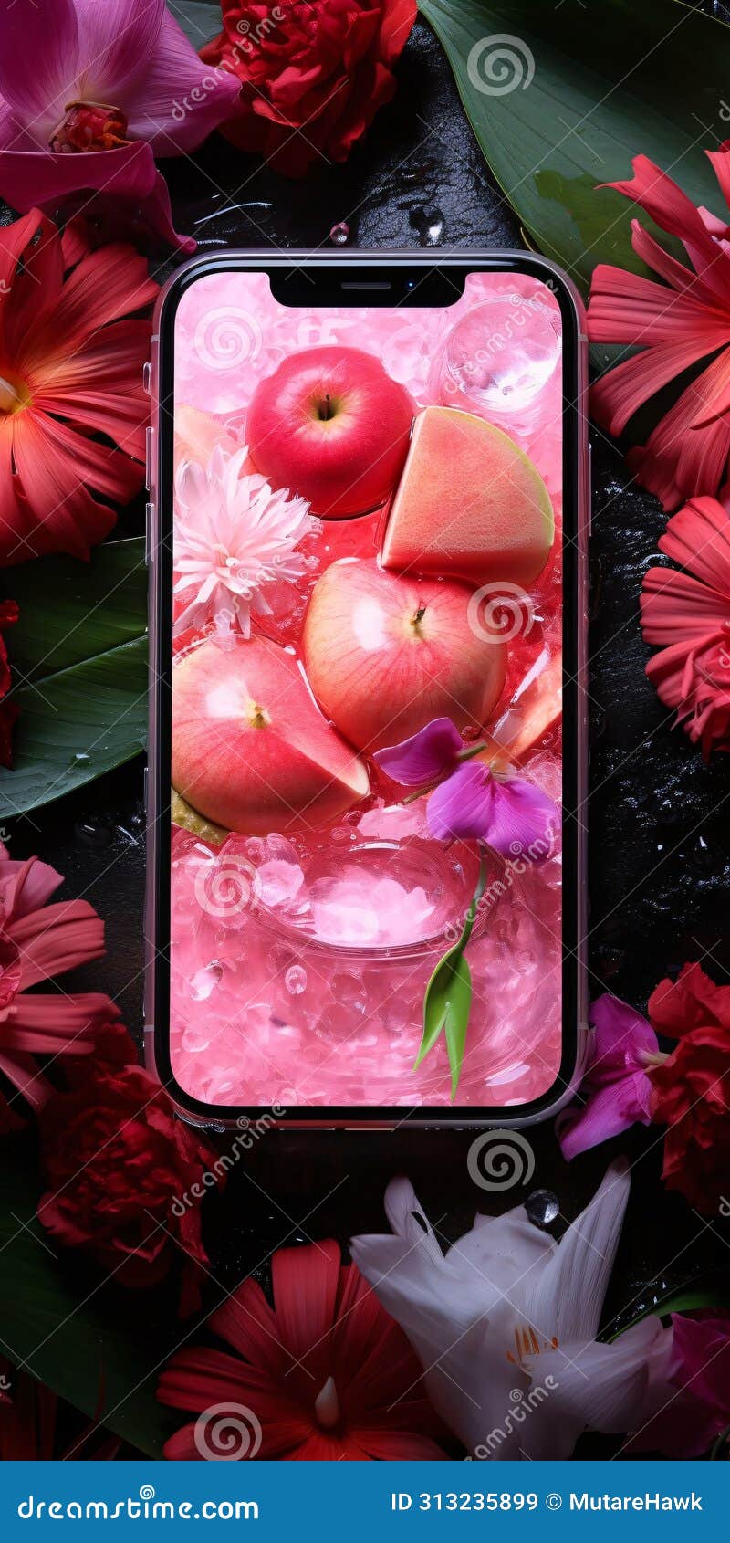 Apples and Ice Cubes on a Black Background with Flowers, Top View Stock ...