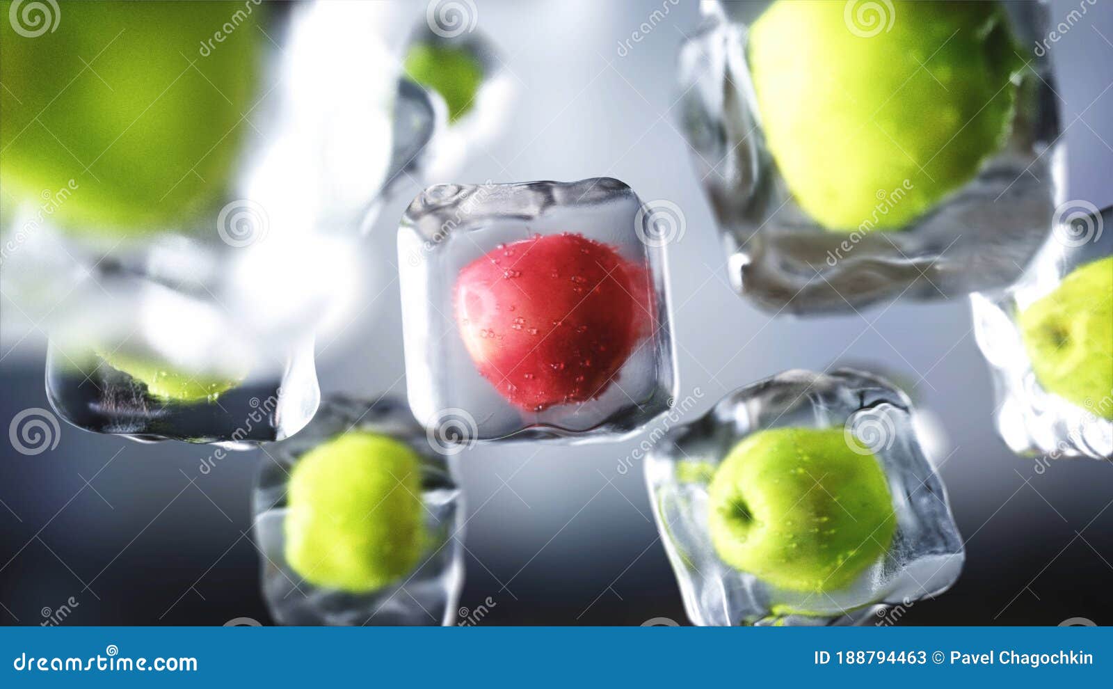 Apples in Ice Cubes. Food and Broadcast Concept. Realistic Ice ...