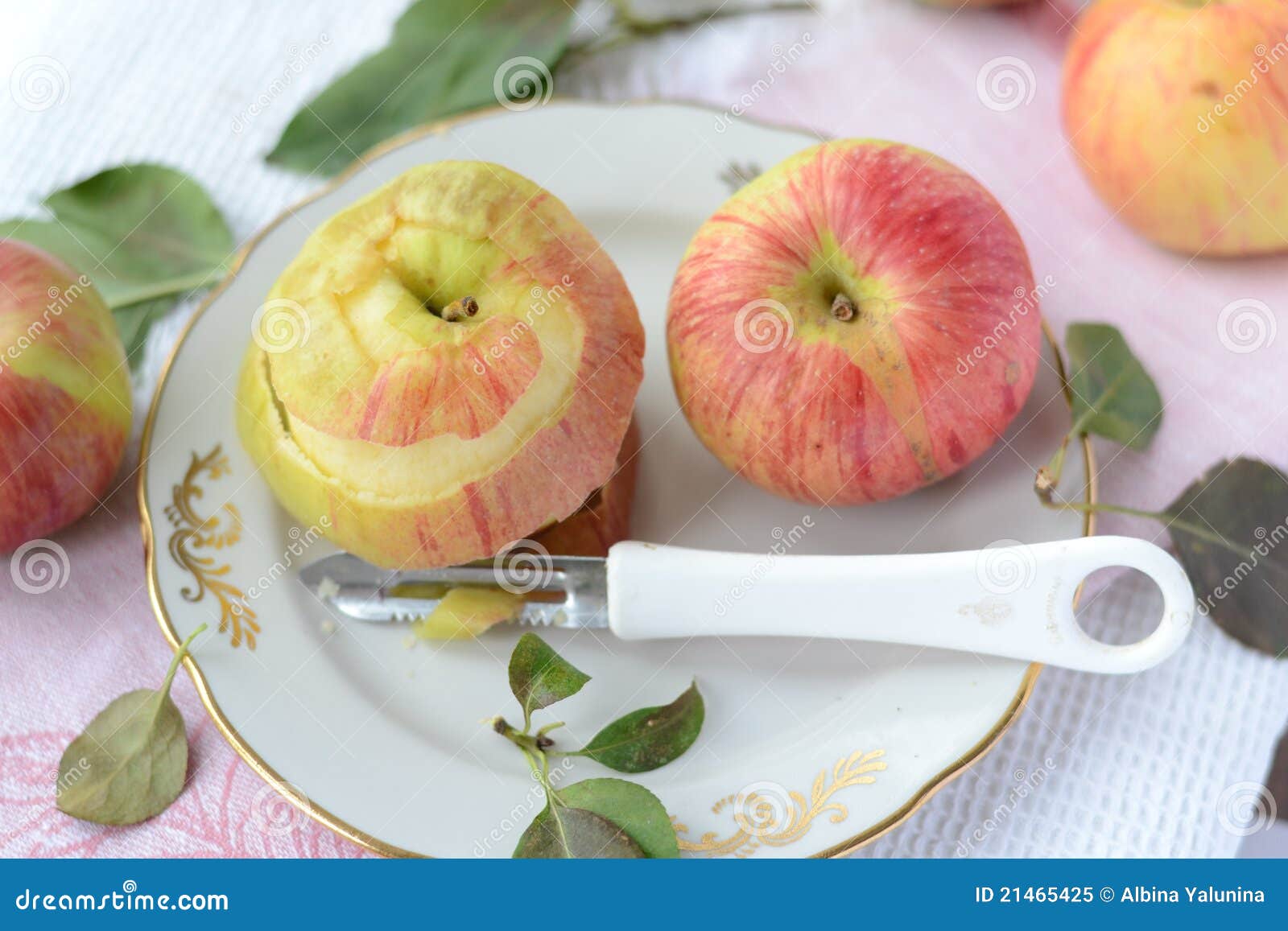 Apples on plate stock image. Image of leaf, knife, peel - 21465425