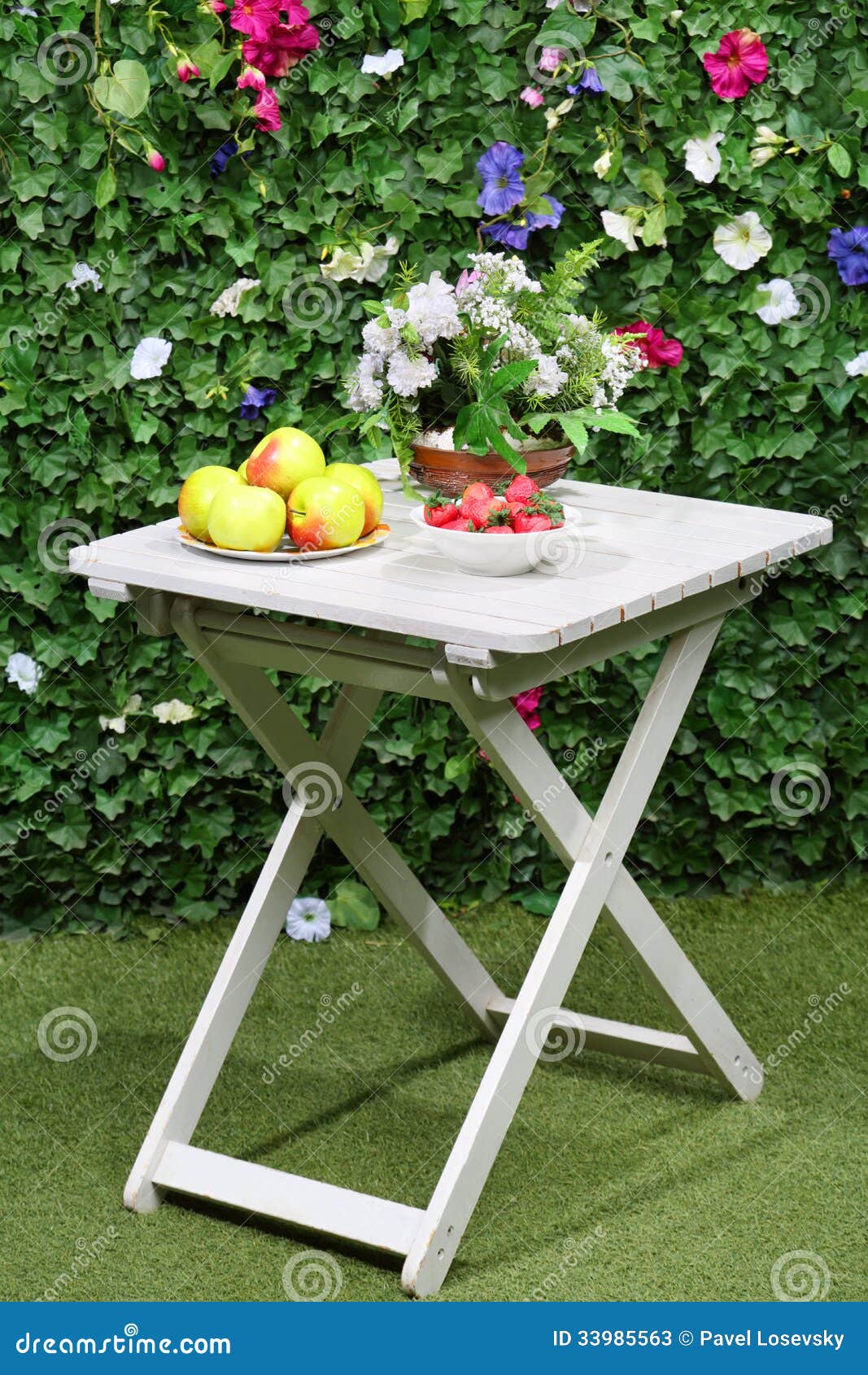 Apples, Strawberries and Flowers on White Table Stock Image - Image of ...