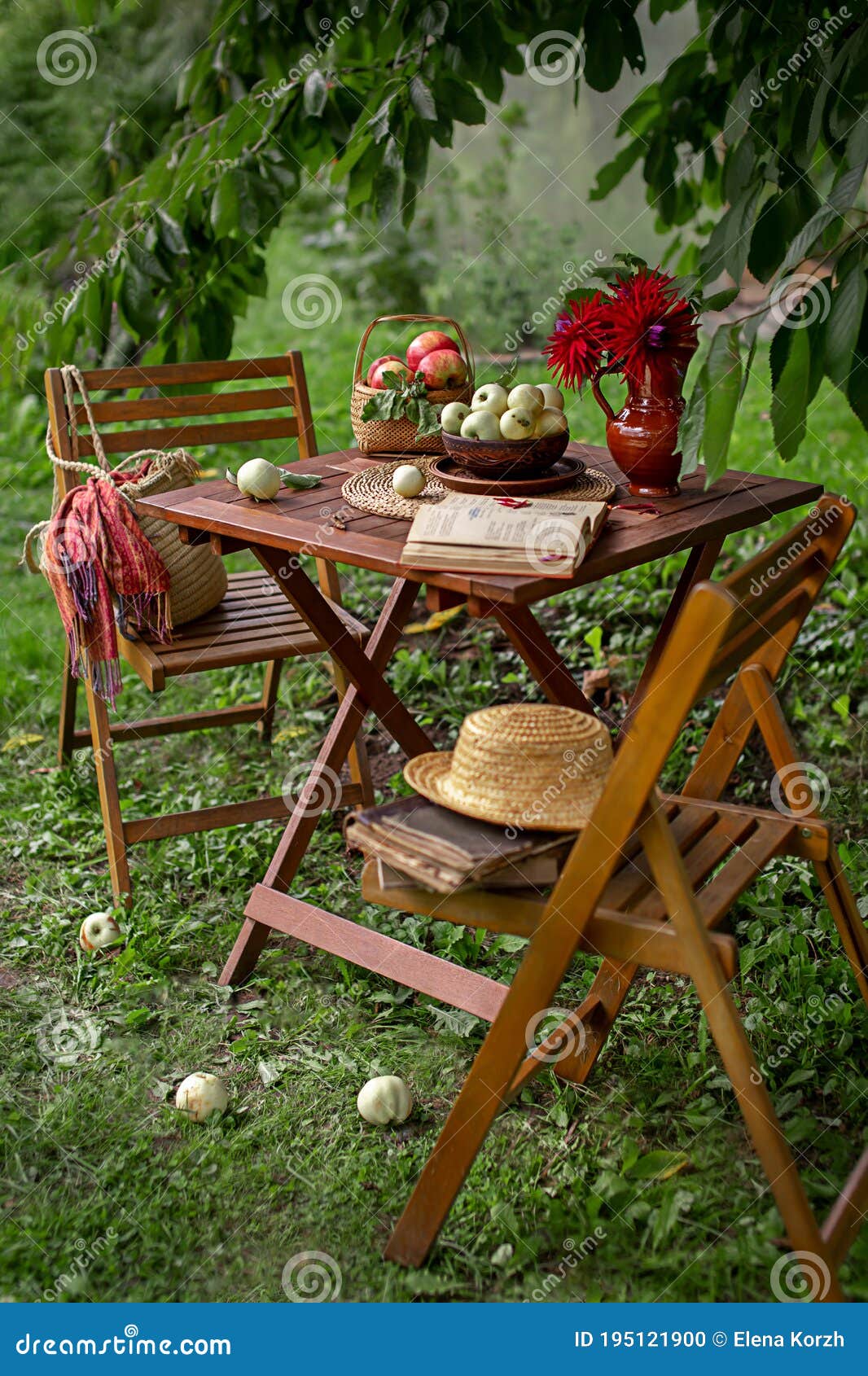 Apples on the Table in the Garden Stock Photo - Image of relaxation ...