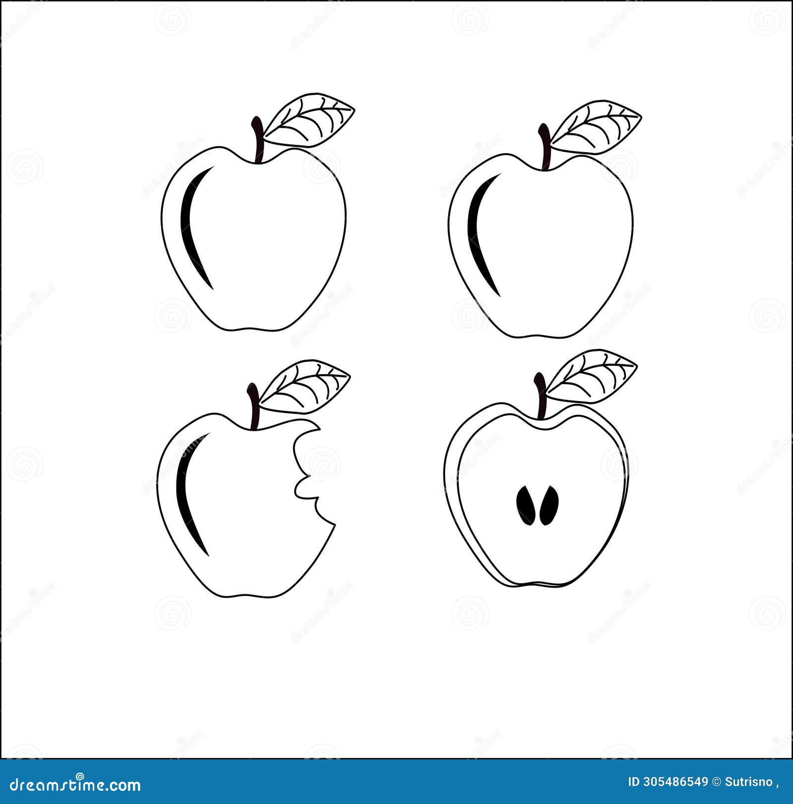 Set of Half and Bitten Apples in Vector Coloring Book. Stock ...