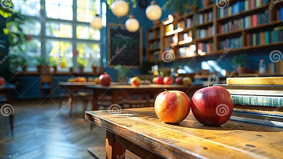 Apples on a Wooden Table in a Library Stock Image - Image of natural ...