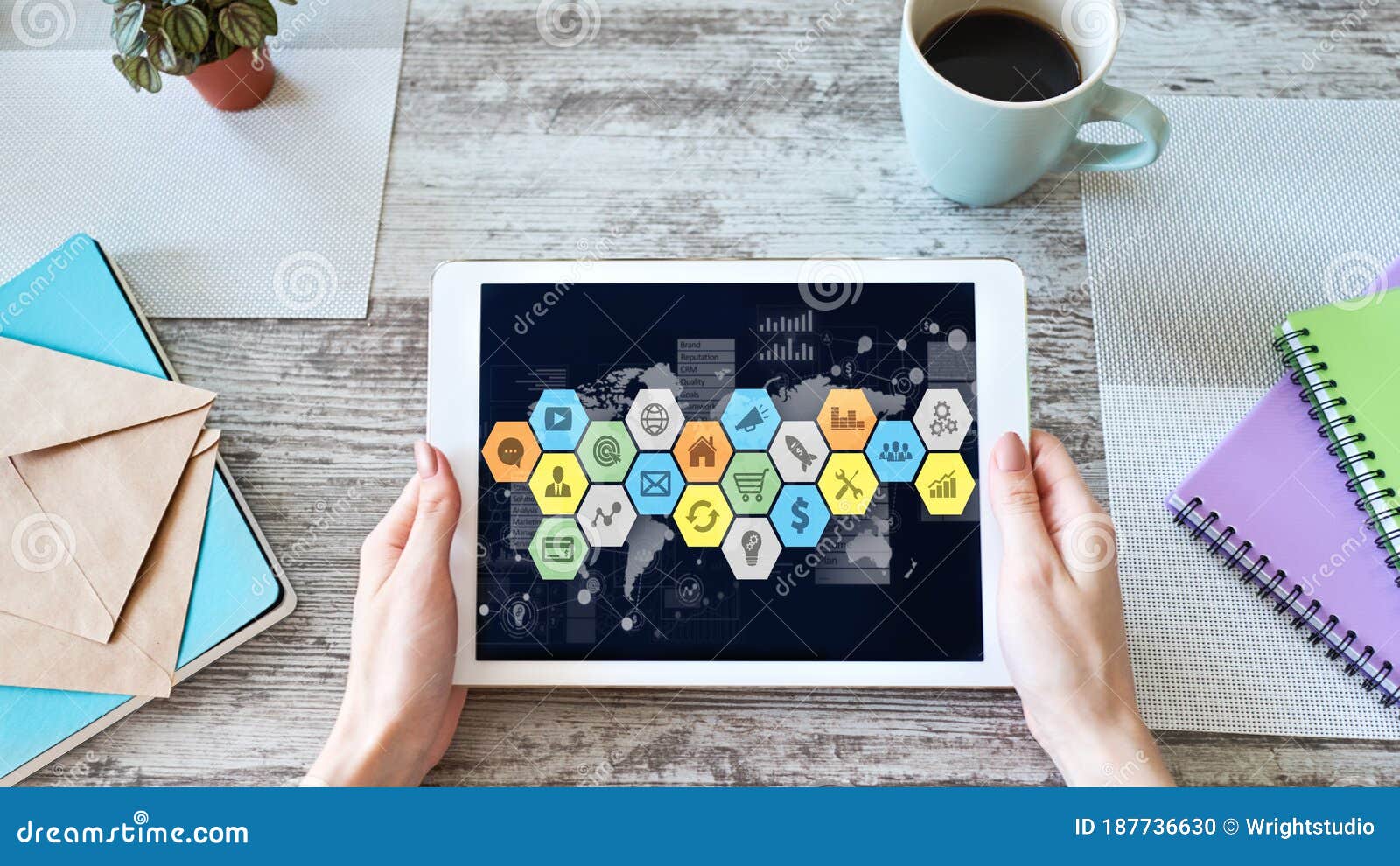 Application and Diagrams on Device Screen. Business Control Panel and ...