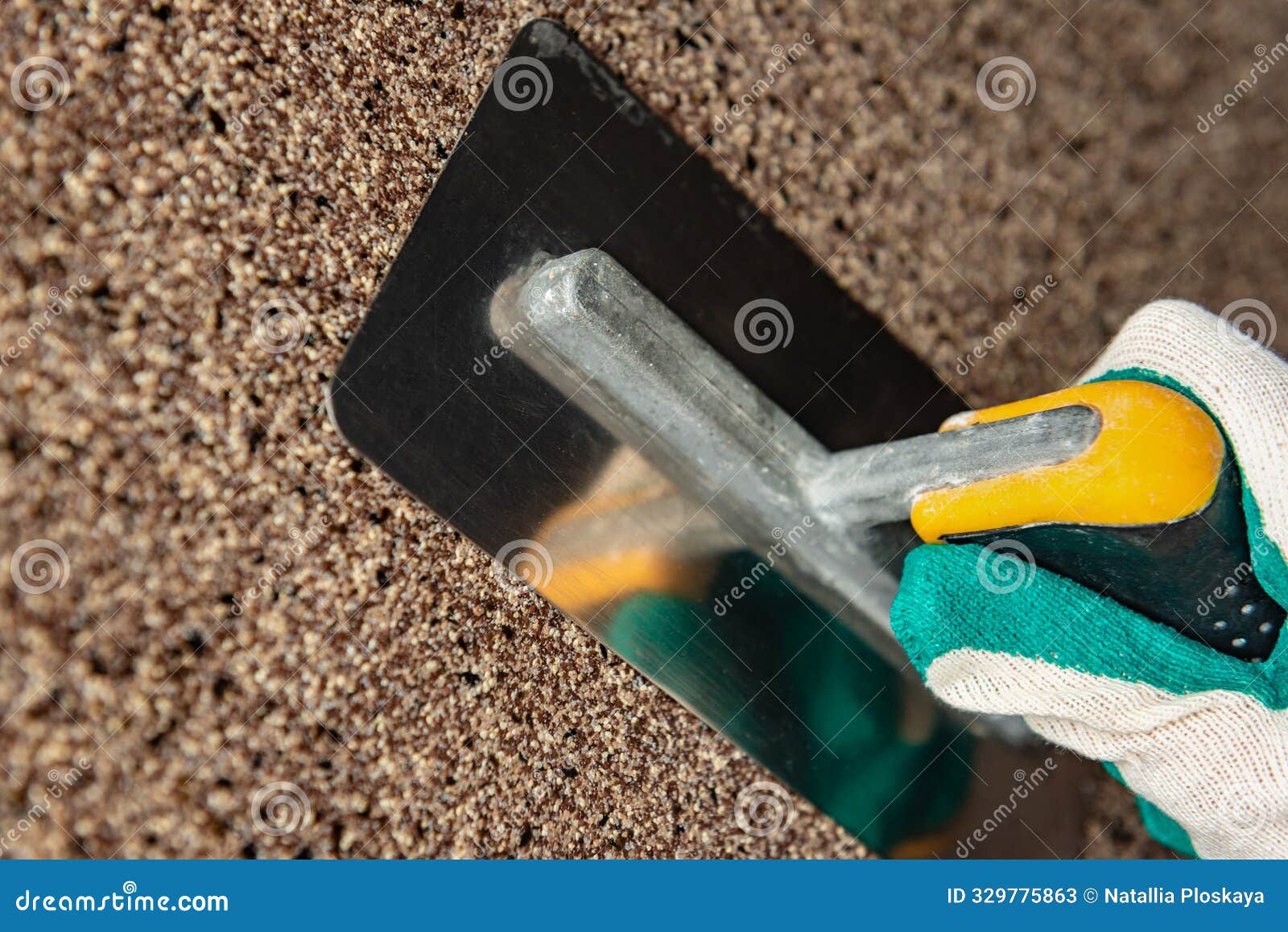Applying Decorative Mosaic Plaster on the Corridor Wall. Stock Image ...