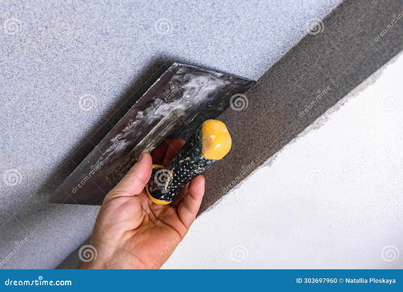 Applying Decorative Mosaic Stone Plaster on Ceiling. Stock Photo ...