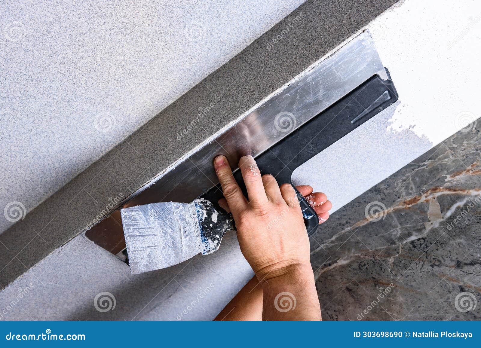Applying Decorative Mosaic Stone Plaster on Ceiling. Stock Photo ...