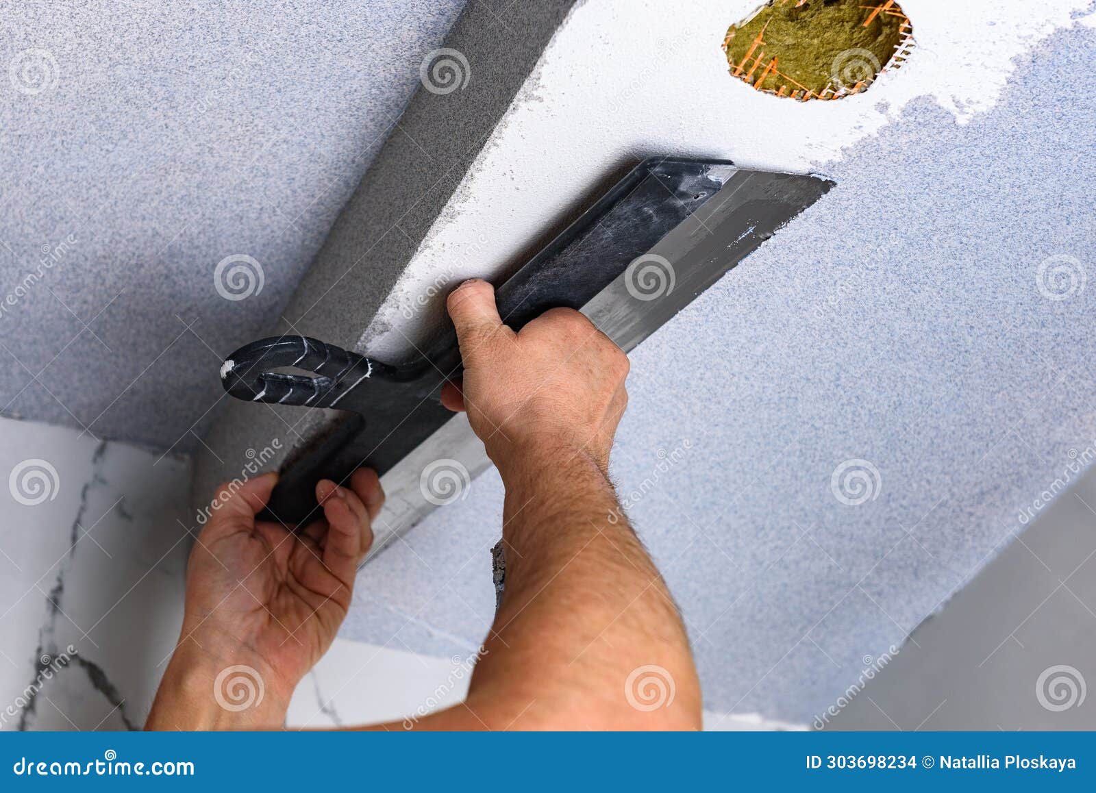 Applying Decorative Mosaic Stone Plaster on Ceiling. Stock Photo ...