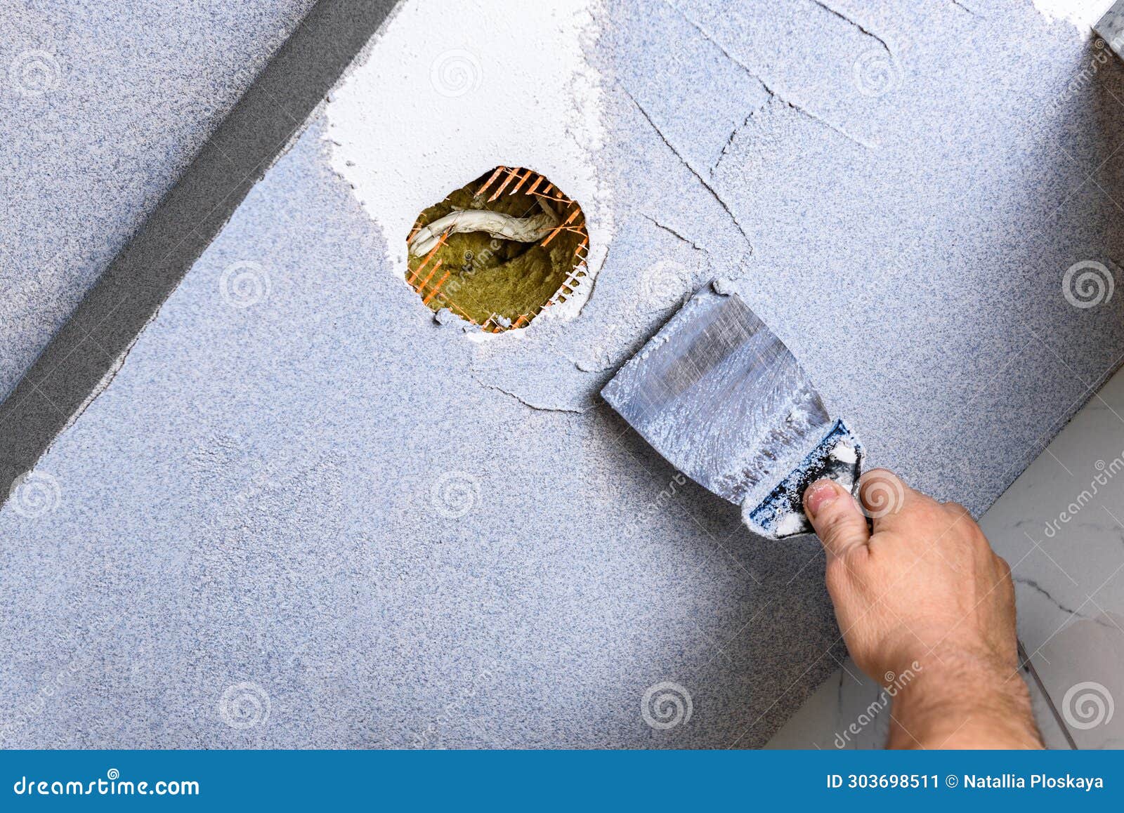 Applying Decorative Mosaic Stone Plaster on Ceiling. Stock Image ...