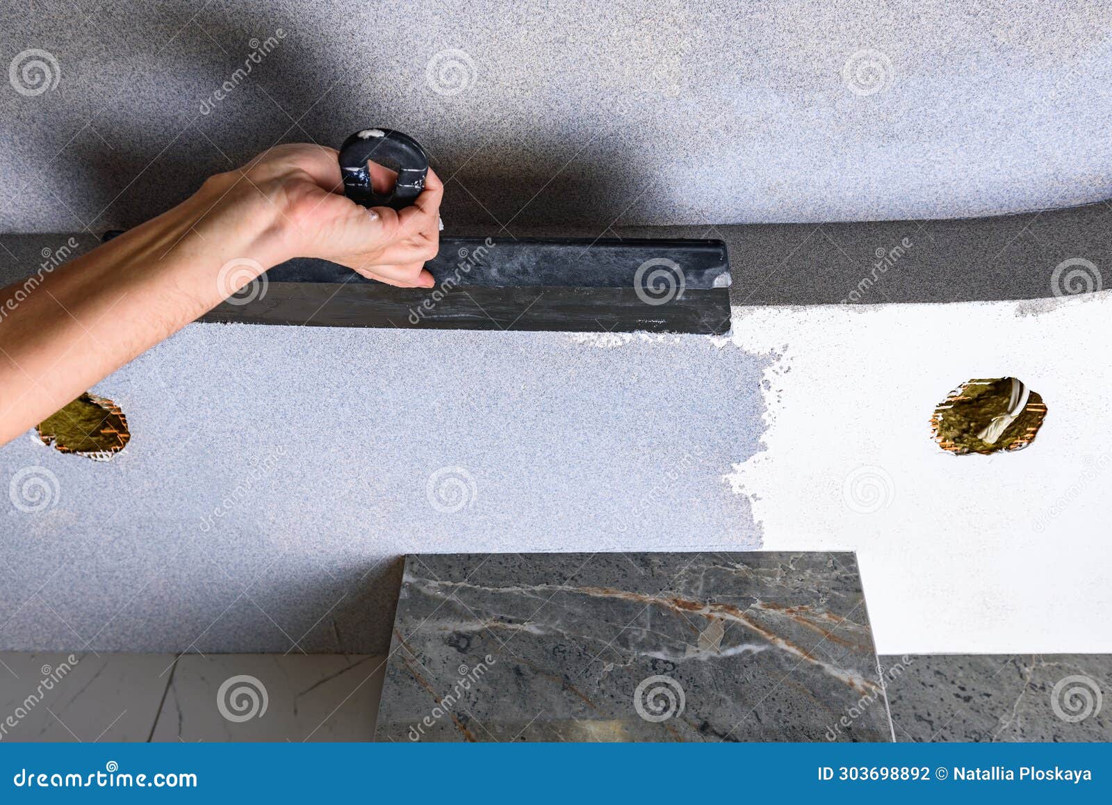 Applying Decorative Mosaic Stone Plaster on Ceiling. Stock Photo ...