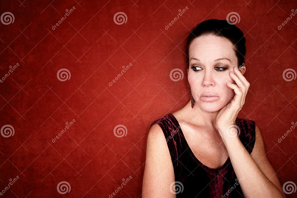 Apprehensive Woman on Red Background Stock Image - Image of lady, tense ...