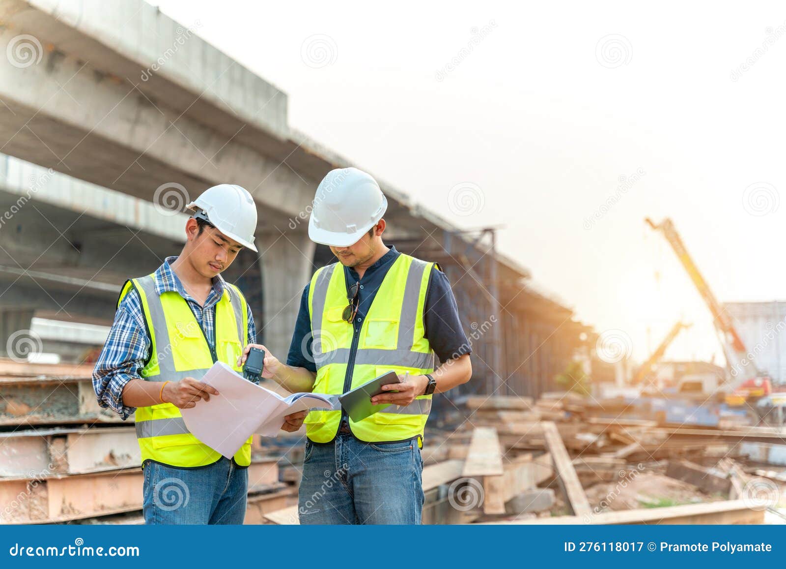 Apprentice and Civil Engineer Inspecting and Working Outdoors Road ...