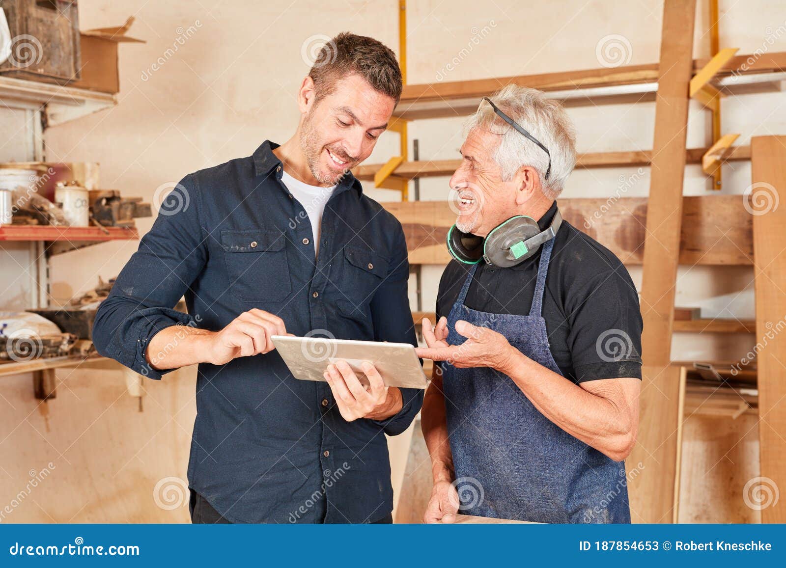 Apprentice and Master with Tablet are Happy Stock Image - Image of ...