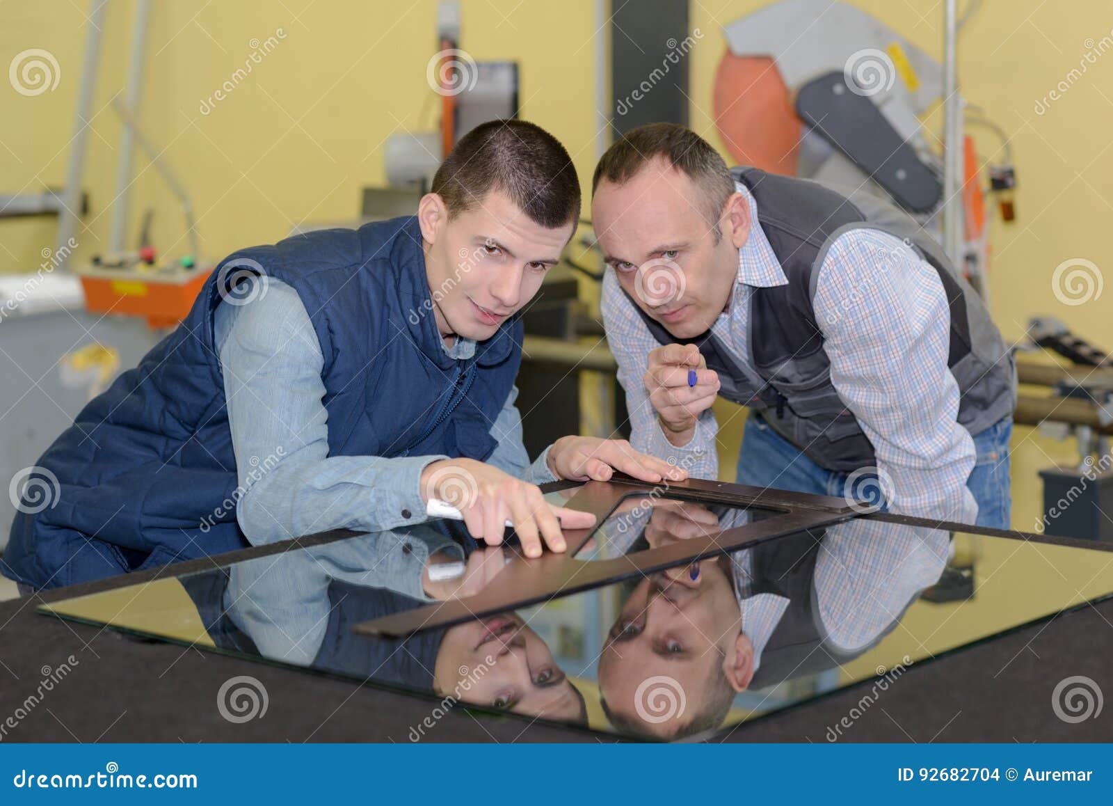 Apprentice and Teacher Glazier in Workshop Stock Photo - Image of male ...
