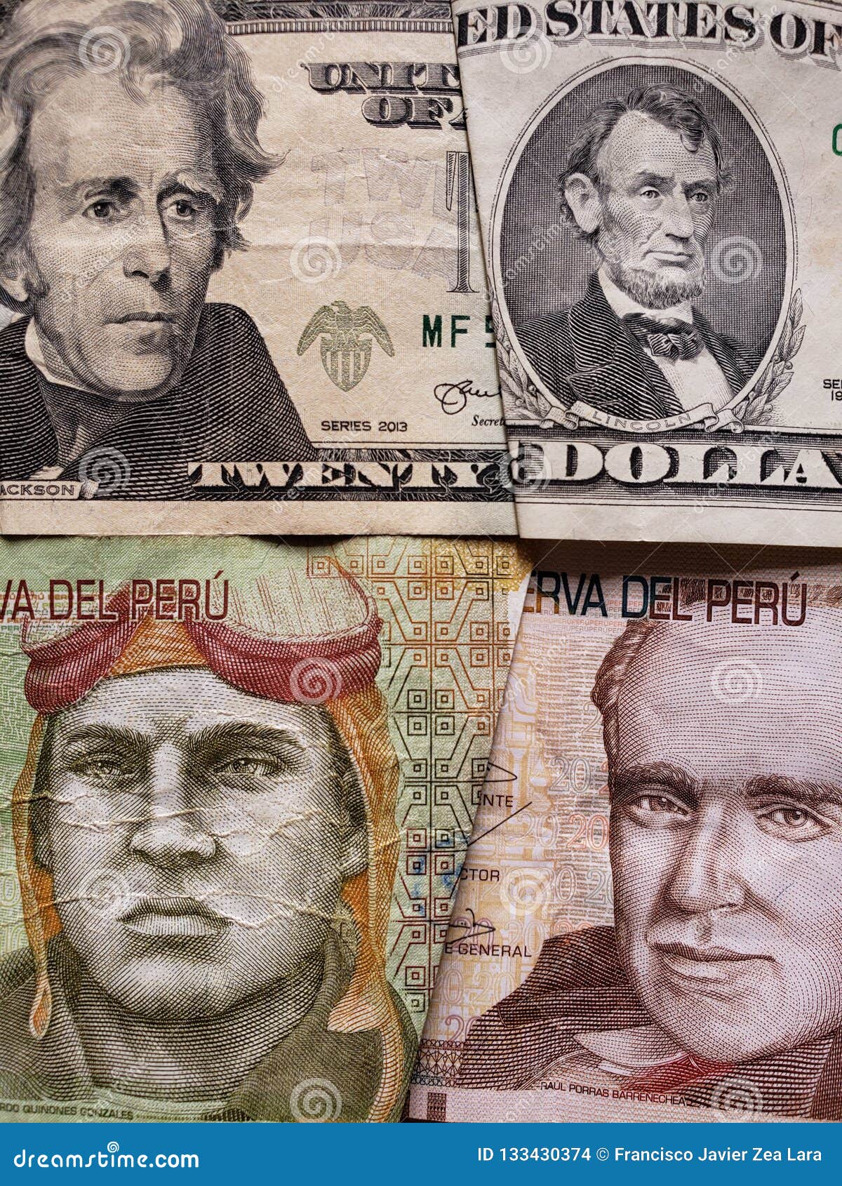 Approach To American Dollars Bills and Peruvian Banknotes of Different ...