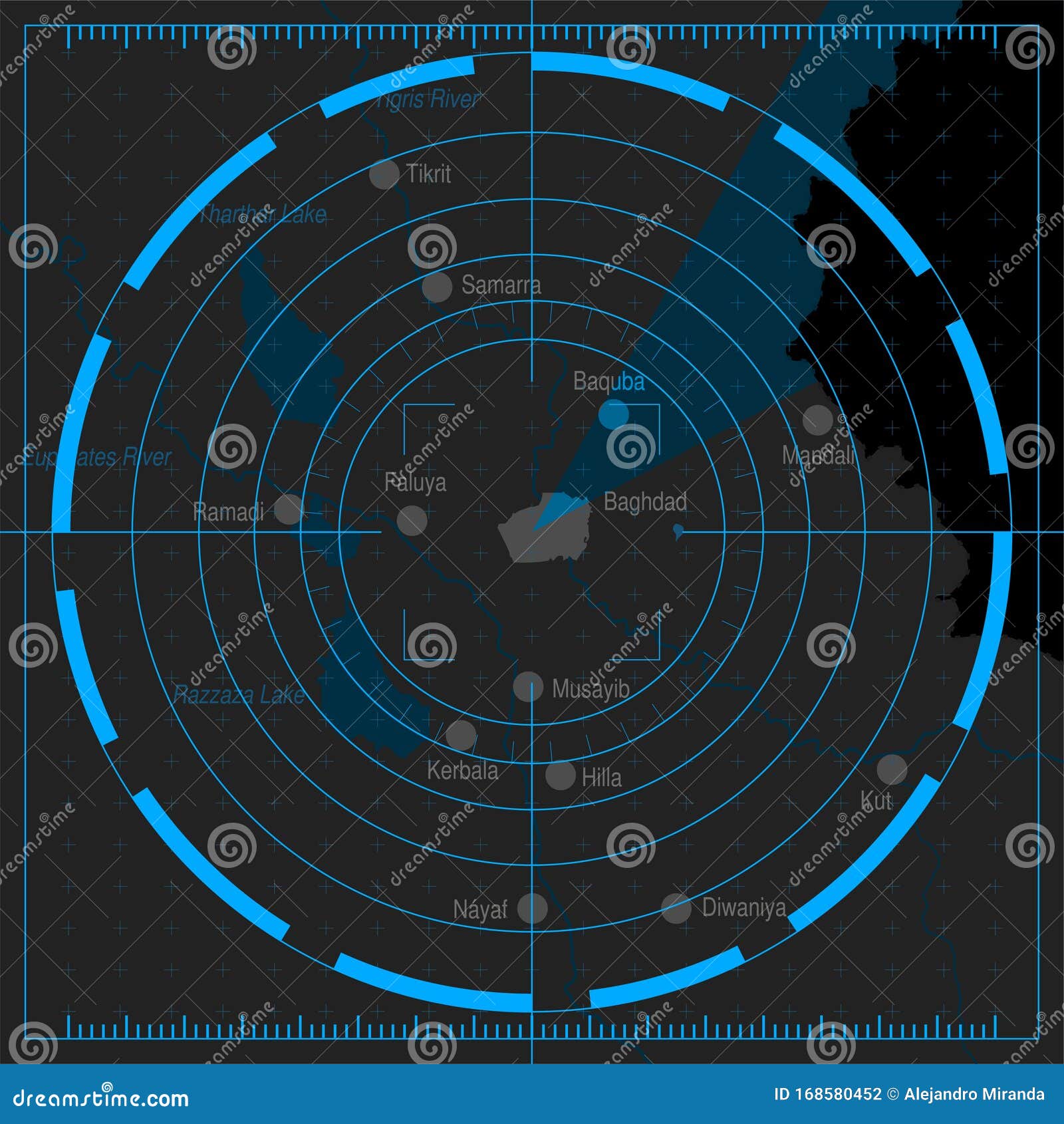 Map of the Baghdad Area in Gray Tones Under Blue Radar. Vector Image ...