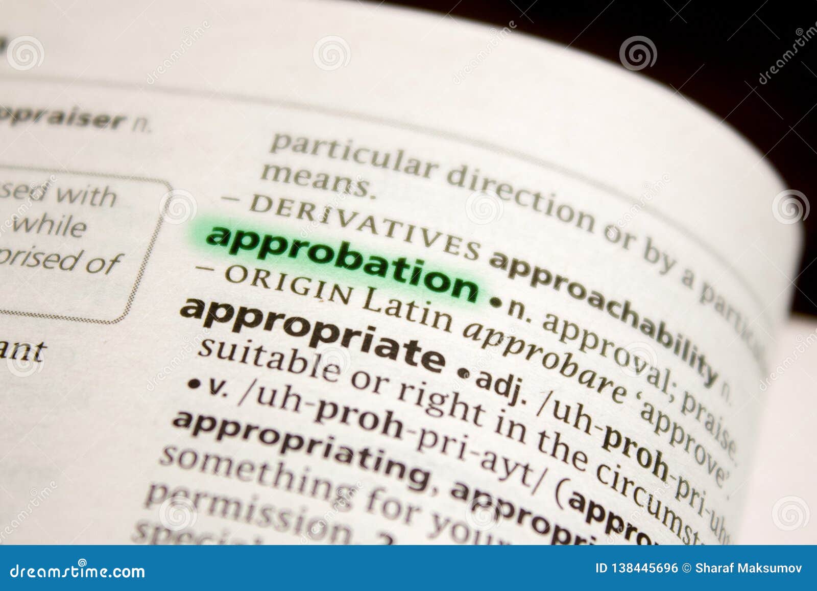 Approbation Word or Phrase in a Dictionary Stock Photo - Image of paper ...