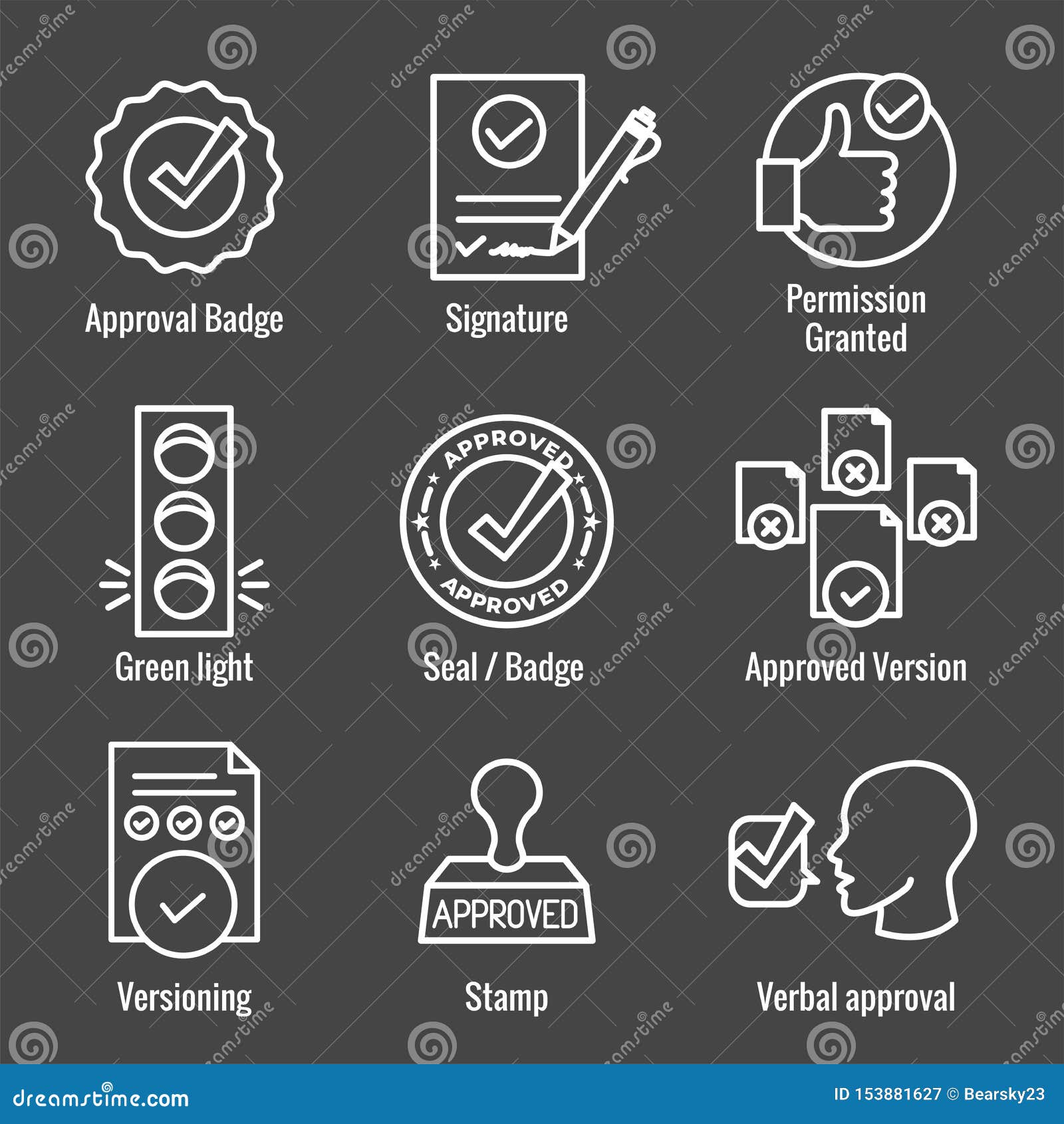 Approval and Signature Icon Set with Stamp & Version Icons Stock Vector ...