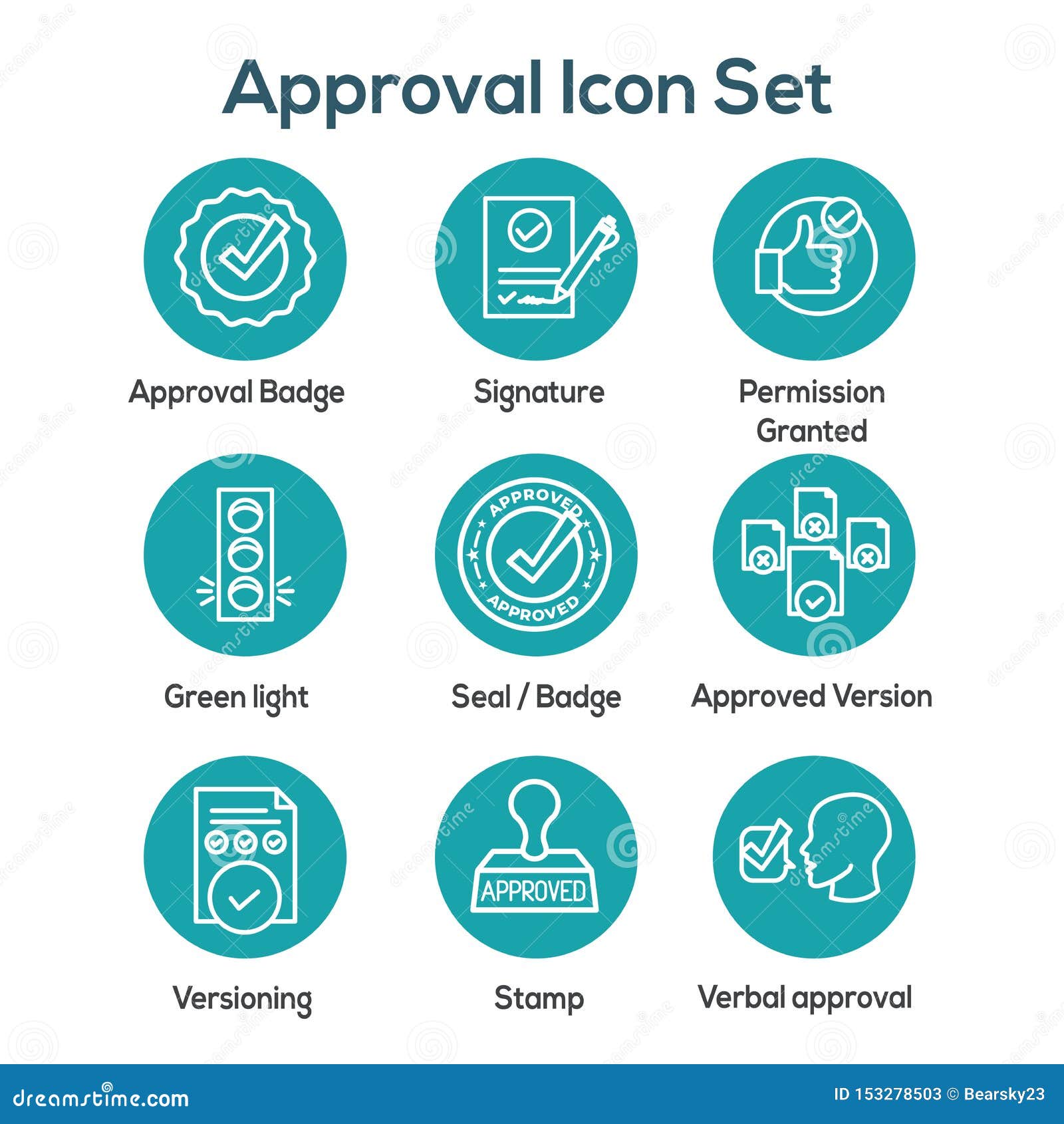 Approval and Signature Icon Set - Stamp and Version Icons Stock Vector ...